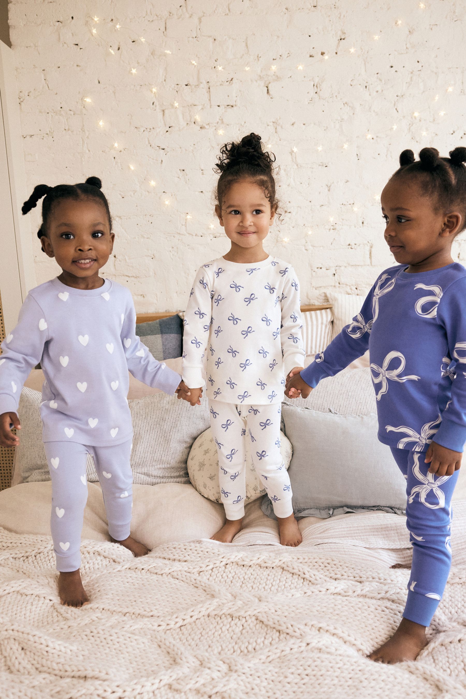 Buy Blue/ Cream Bow Stampy 100% Cotton Pyjamas 3 Pack (9mths-12yrs ...
