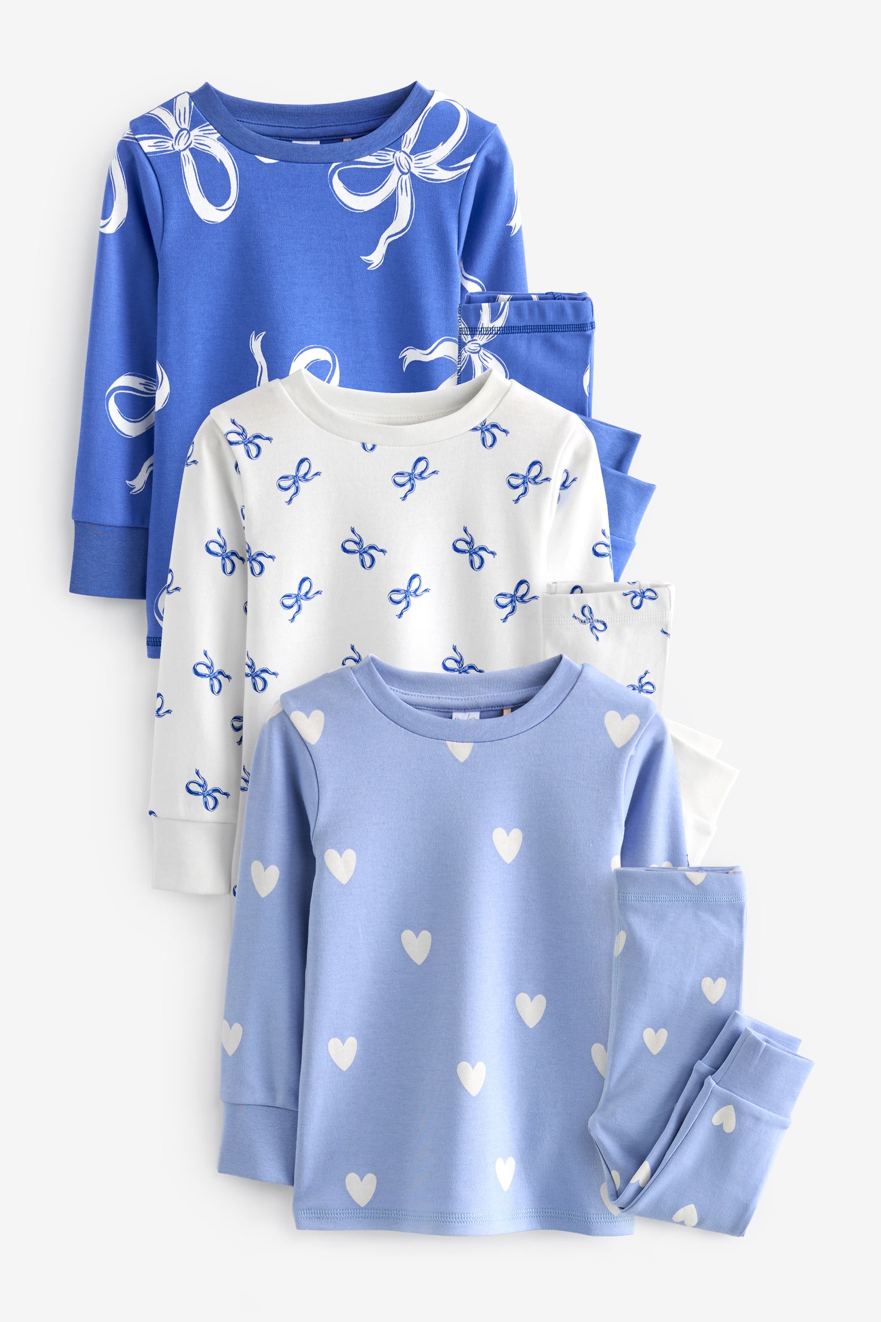 Buy Blue/ Cream Bow Stampy 100% Cotton Pyjamas 3 Pack (9mths-12yrs ...