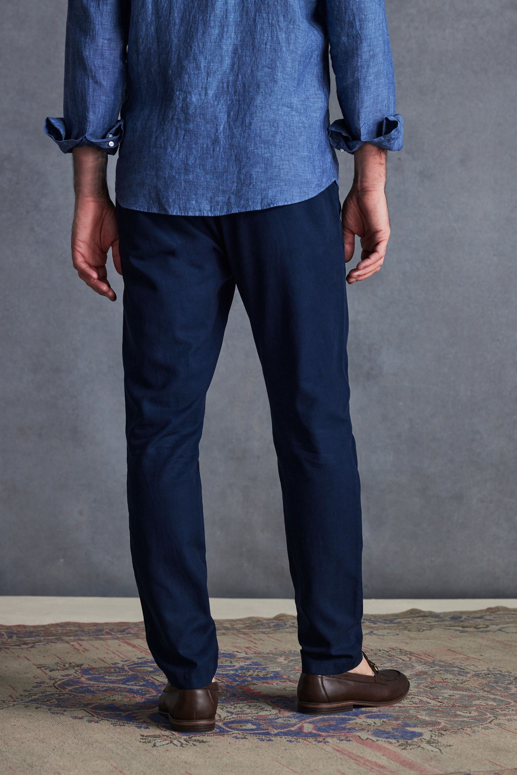 Buy Navy Blue Slim Fit Premium Linen Drawstring Trousers from the Next ...