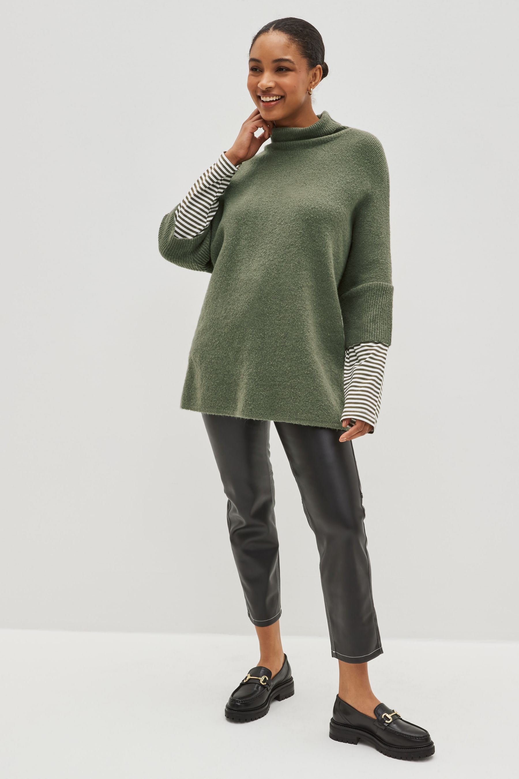 Buy Khaki/Green Knitted Poncho with Stripe Sleeve from the Next UK ...
