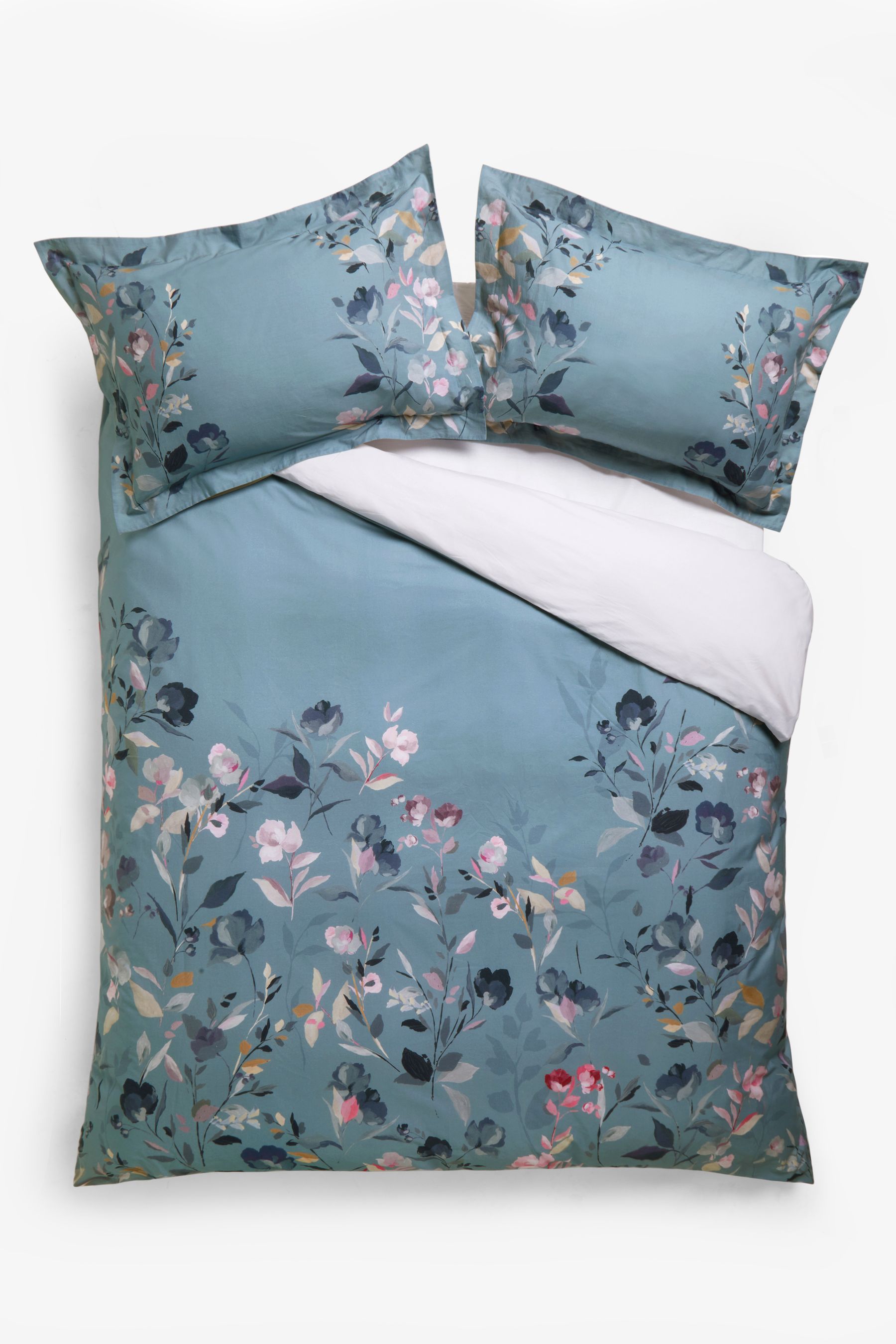 Buy Blue/White Floral Oxford Edge Reversible 100% Cotton Duvet Cover ...