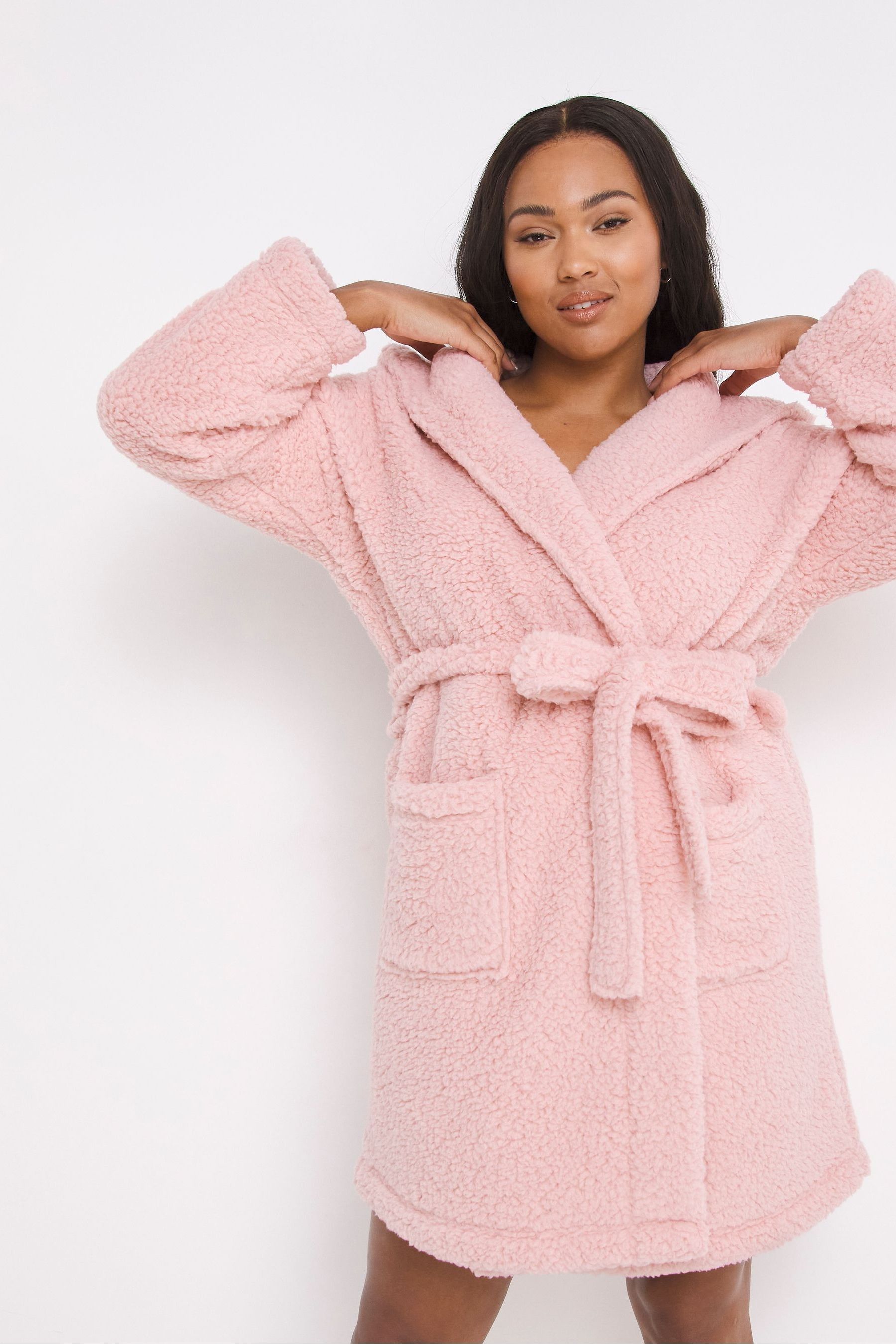 Buy Simply Be Pink Pretty Secrets Short Sherpa Hooded Dressing Gown ...