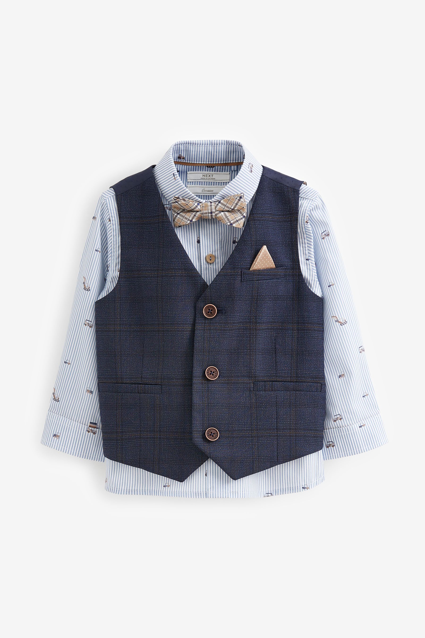 Buy Navy Blue Check Waistcoat Set With Shirt And Bow Tie (3mths-7yrs ...