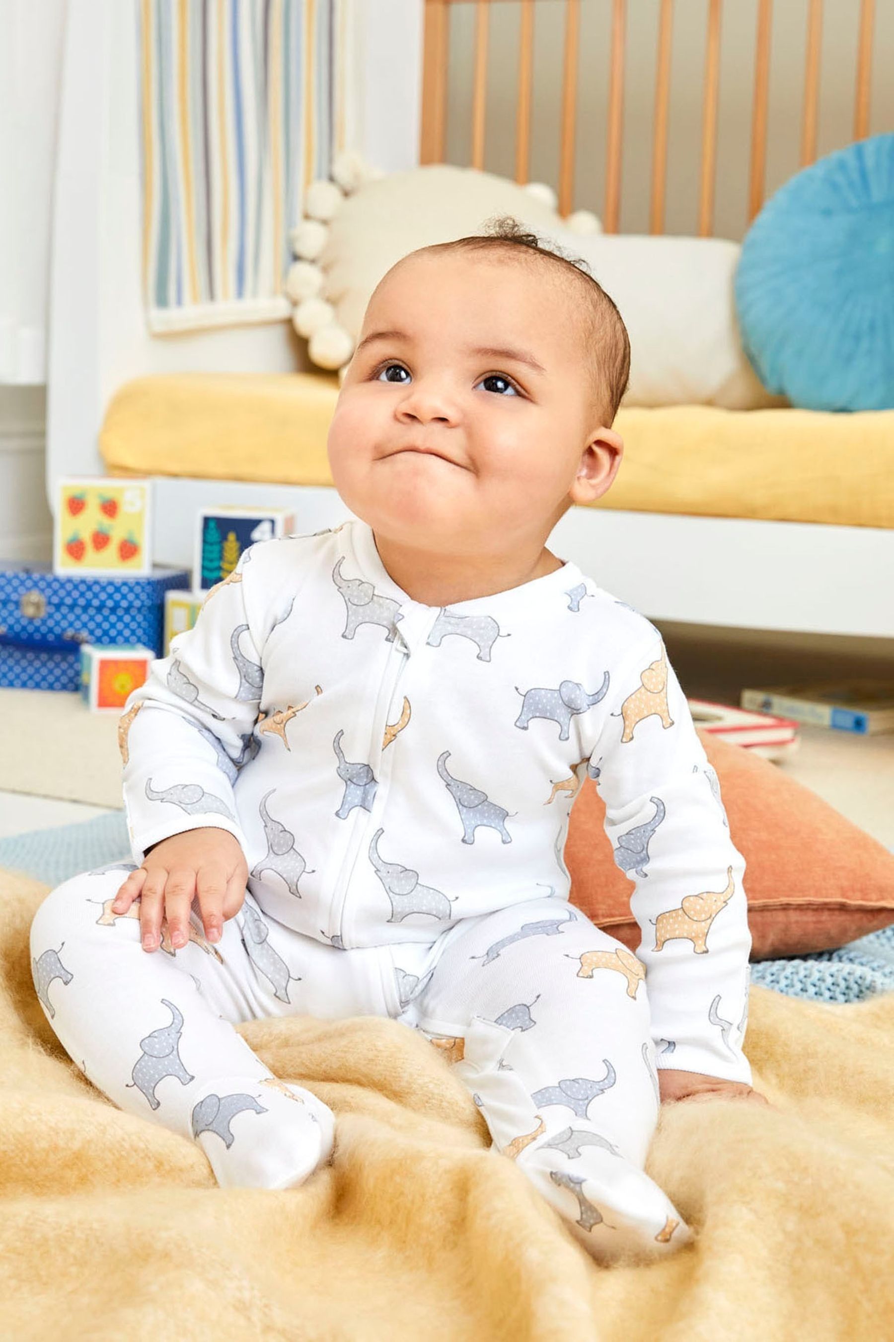 Buy JoJo Maman Bébé Multi Elephant Print Zip Cotton Baby Sleepsuit from ...