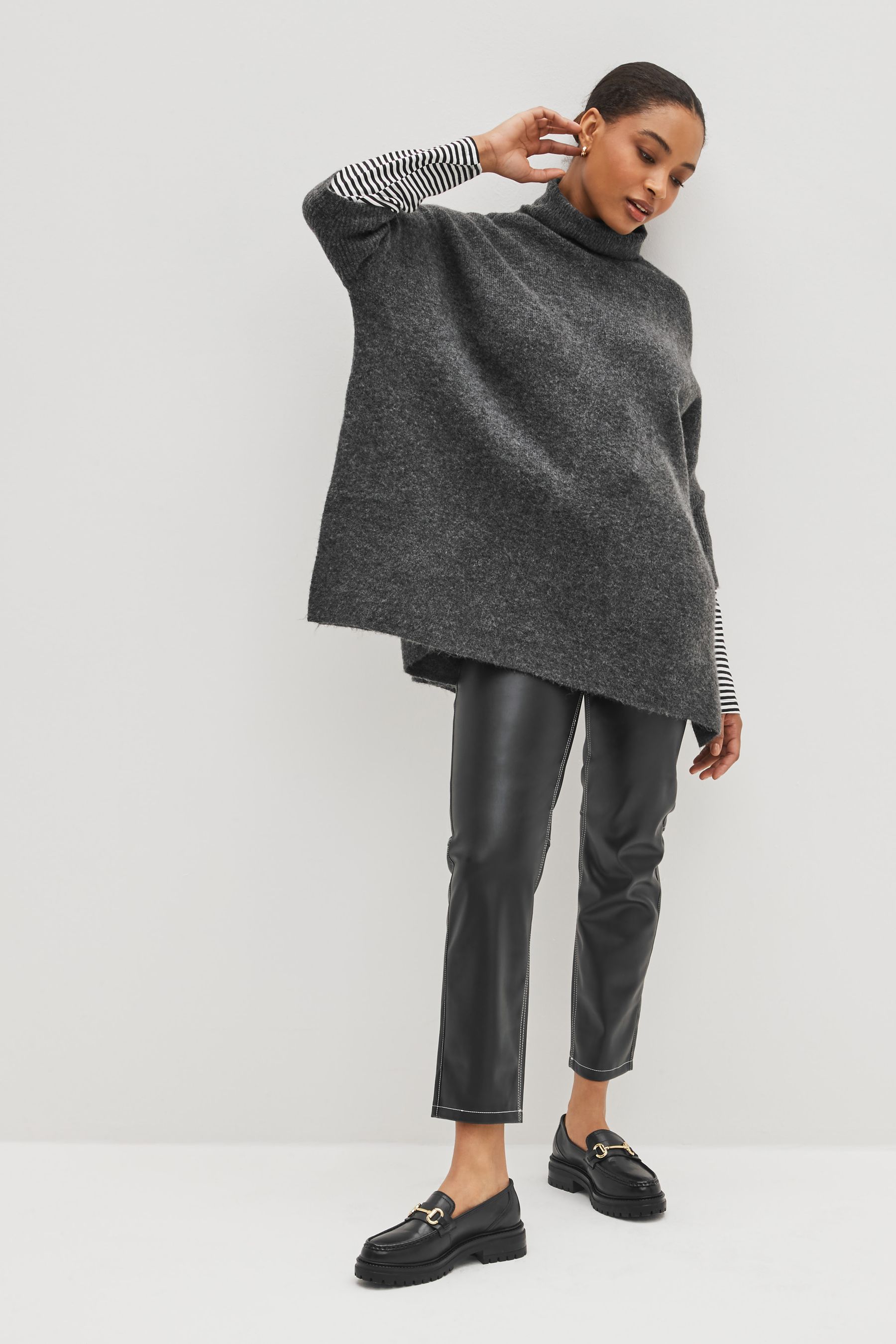 Buy Charcoal Grey Knitted Poncho with Stripe Sleeve from the Next UK ...