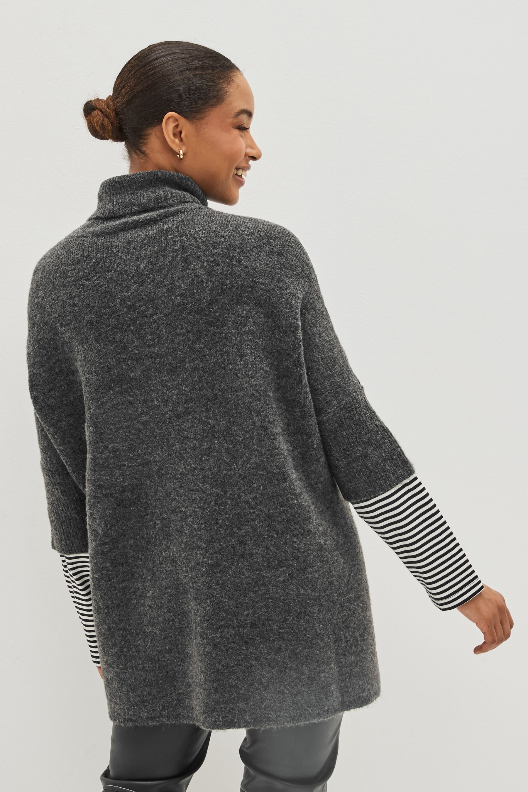 Buy Charcoal Grey Knitted Poncho with Stripe Sleeve from the Next UK ...