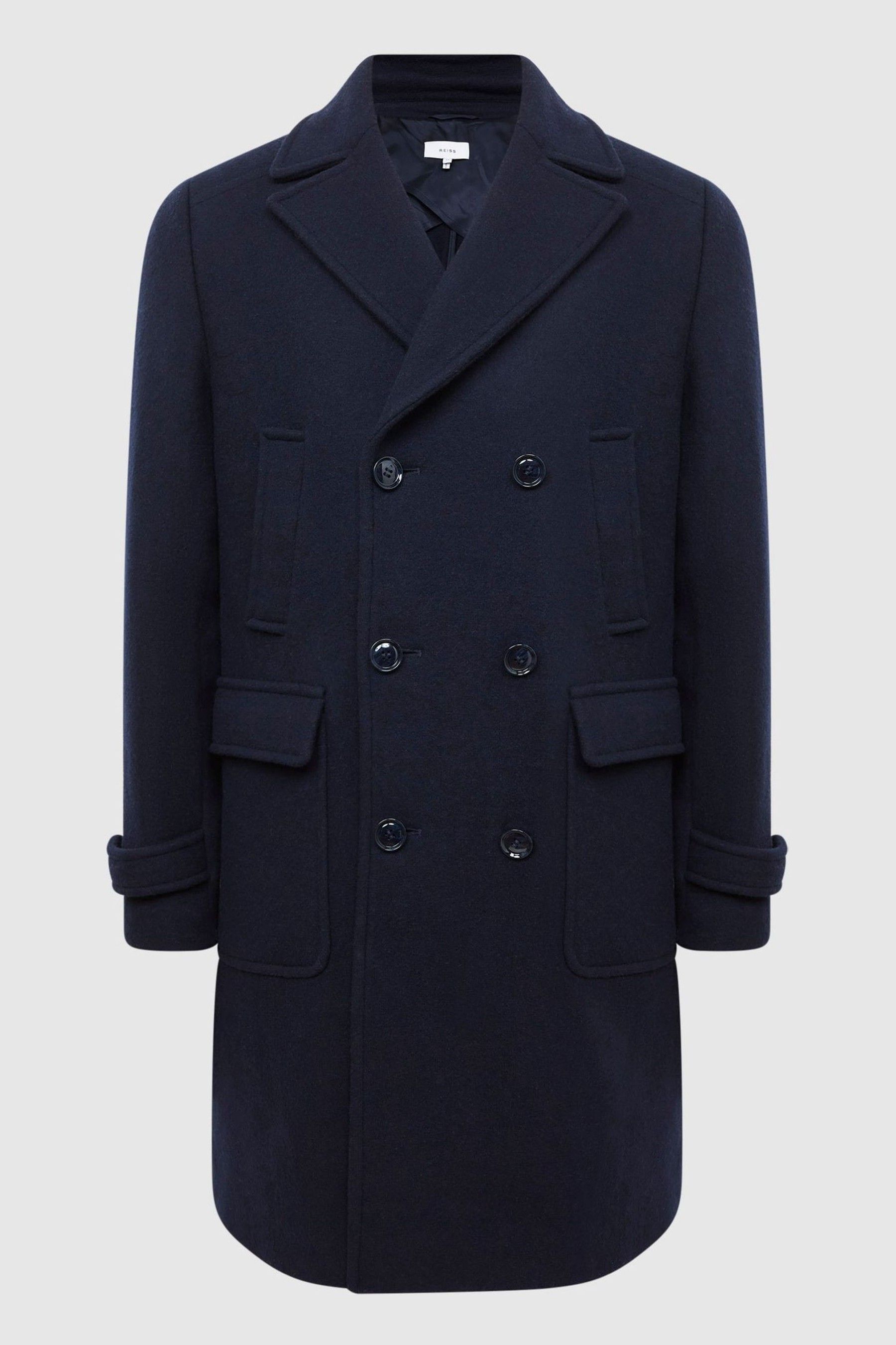 Buy Reiss Navy Fall Double Breasted Wool Blend Military Overcoat from ...