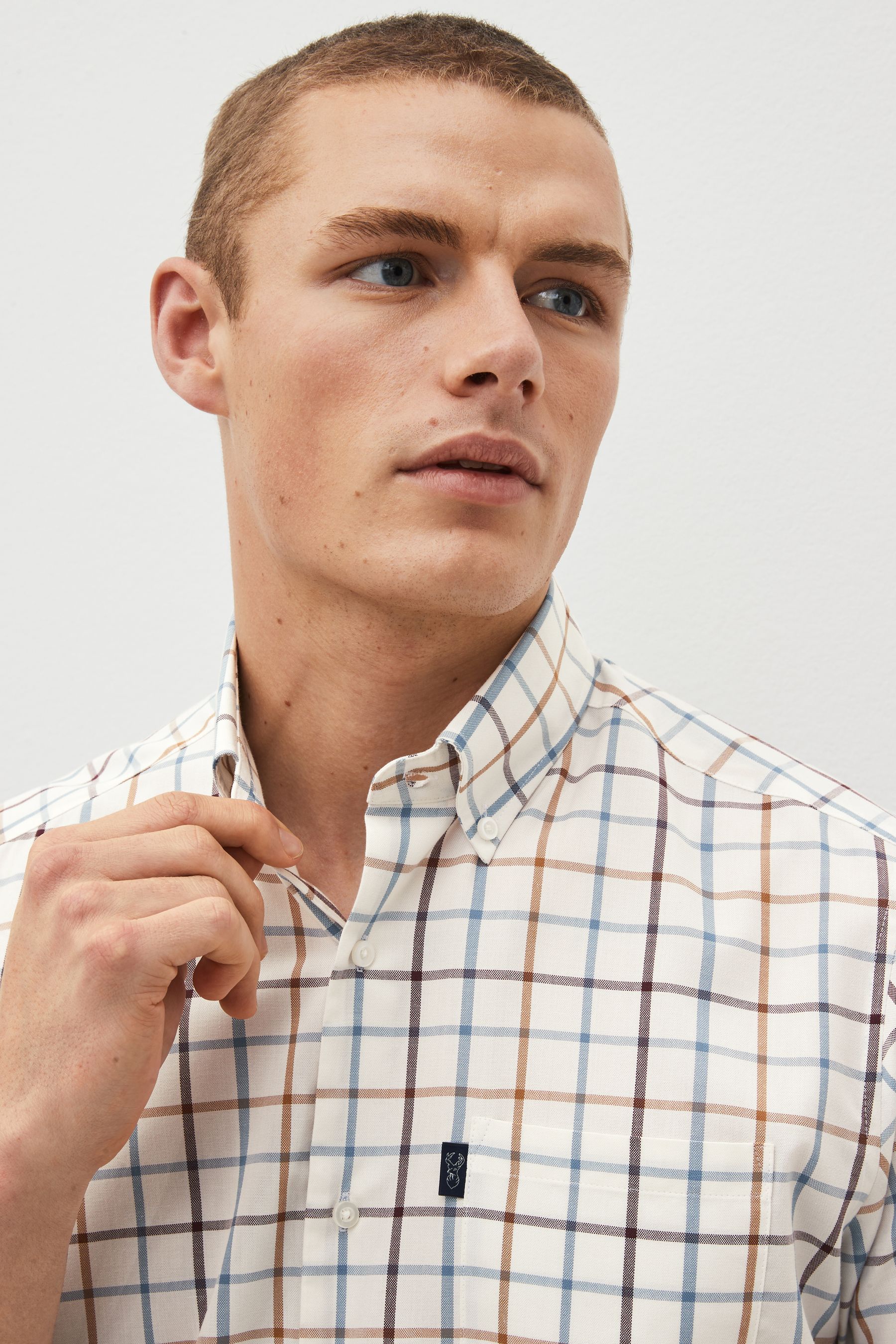 Buy Cream/Blue Tattersall Check Easy Iron Button Down Oxford Shirt from ...
