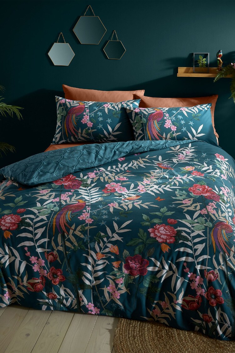 Buy Catherine Lansfield Green Tropical Floral Birds Duvet Cover and ...