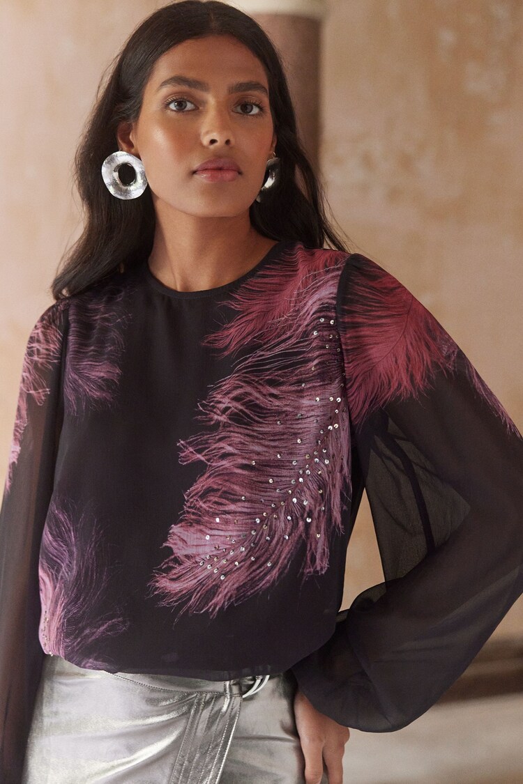 Buy Love & Roses Red Printed Feather Crew Neck Fluted Sleeve Blouse ...