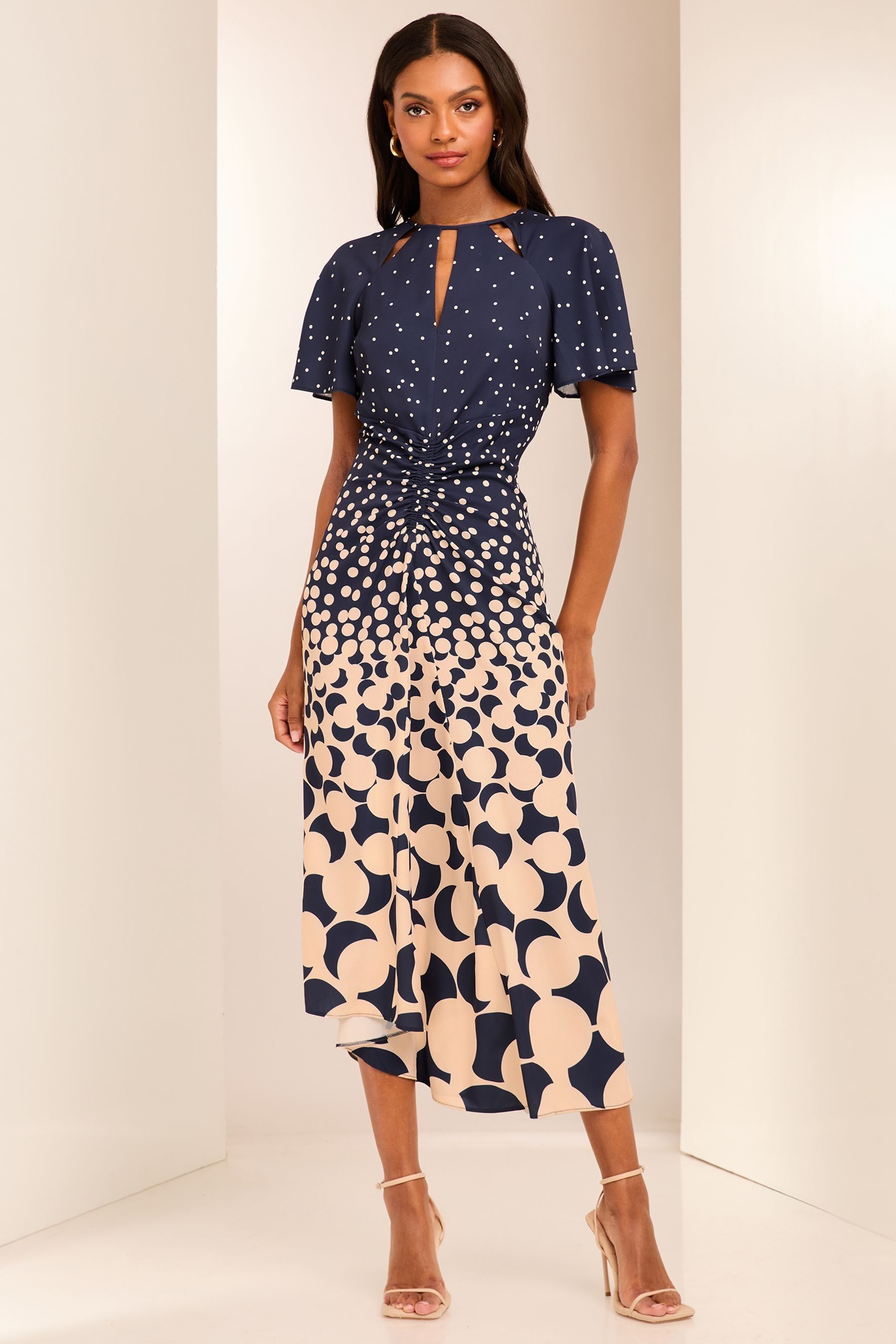 Buy Lipsy Navy Ruched Front Keyhole Cut Out Asymmetrical Midi Dress ...