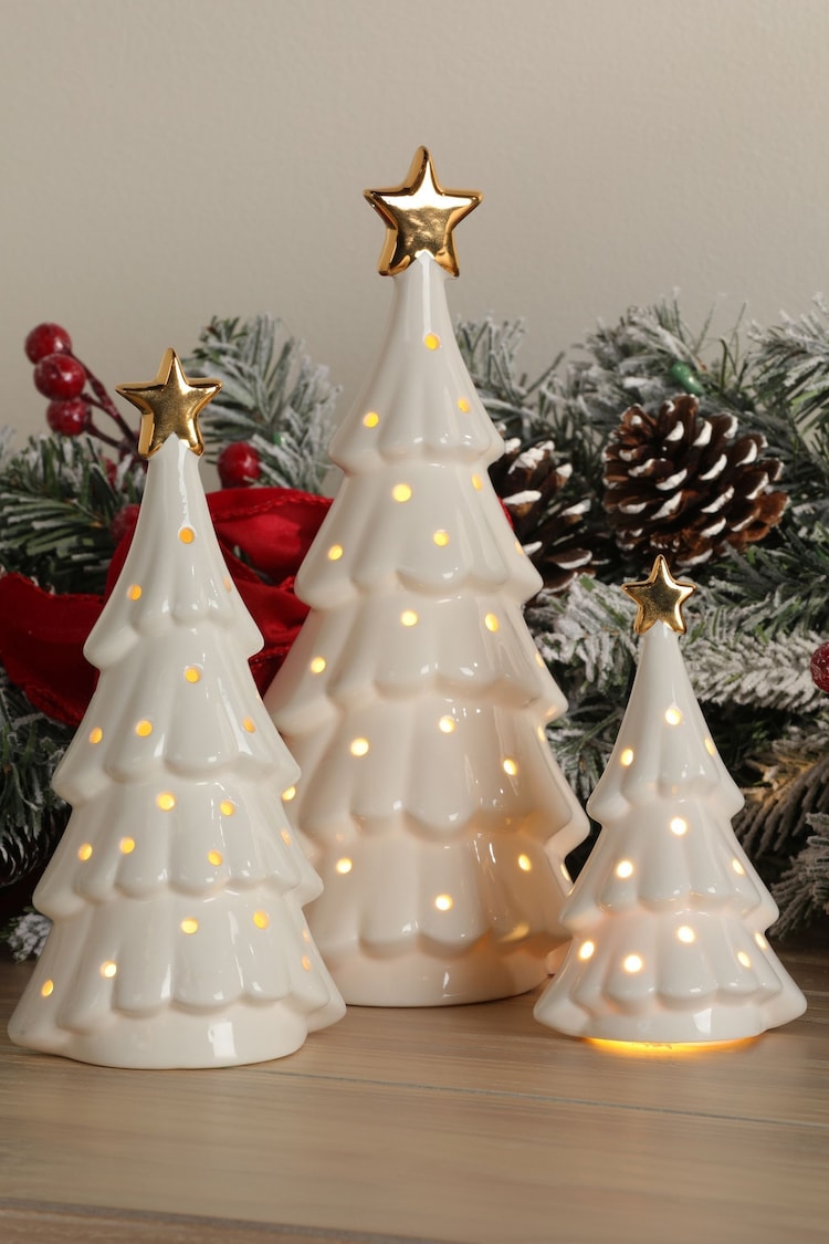 Buy Laura Ashley Set of 3 White Ceramic Light Up Christmas Tree ...
