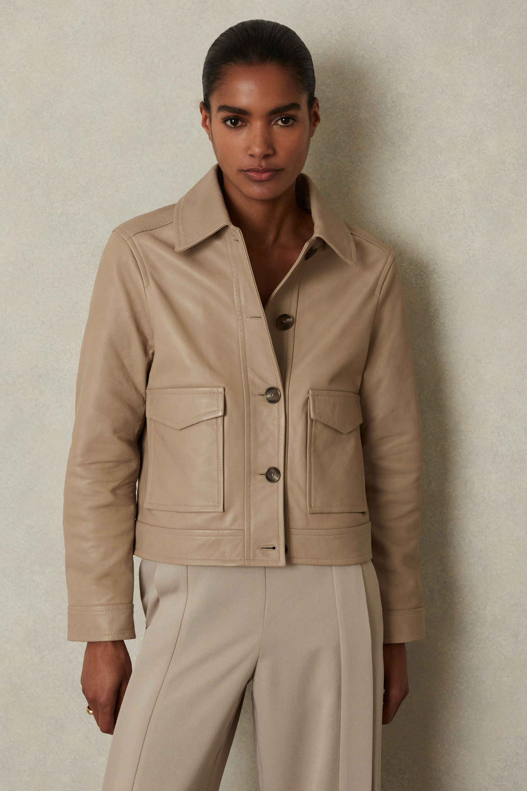 Buy Reiss Neutral Hanson Leather Trucker Jacket from the Next UK online ...