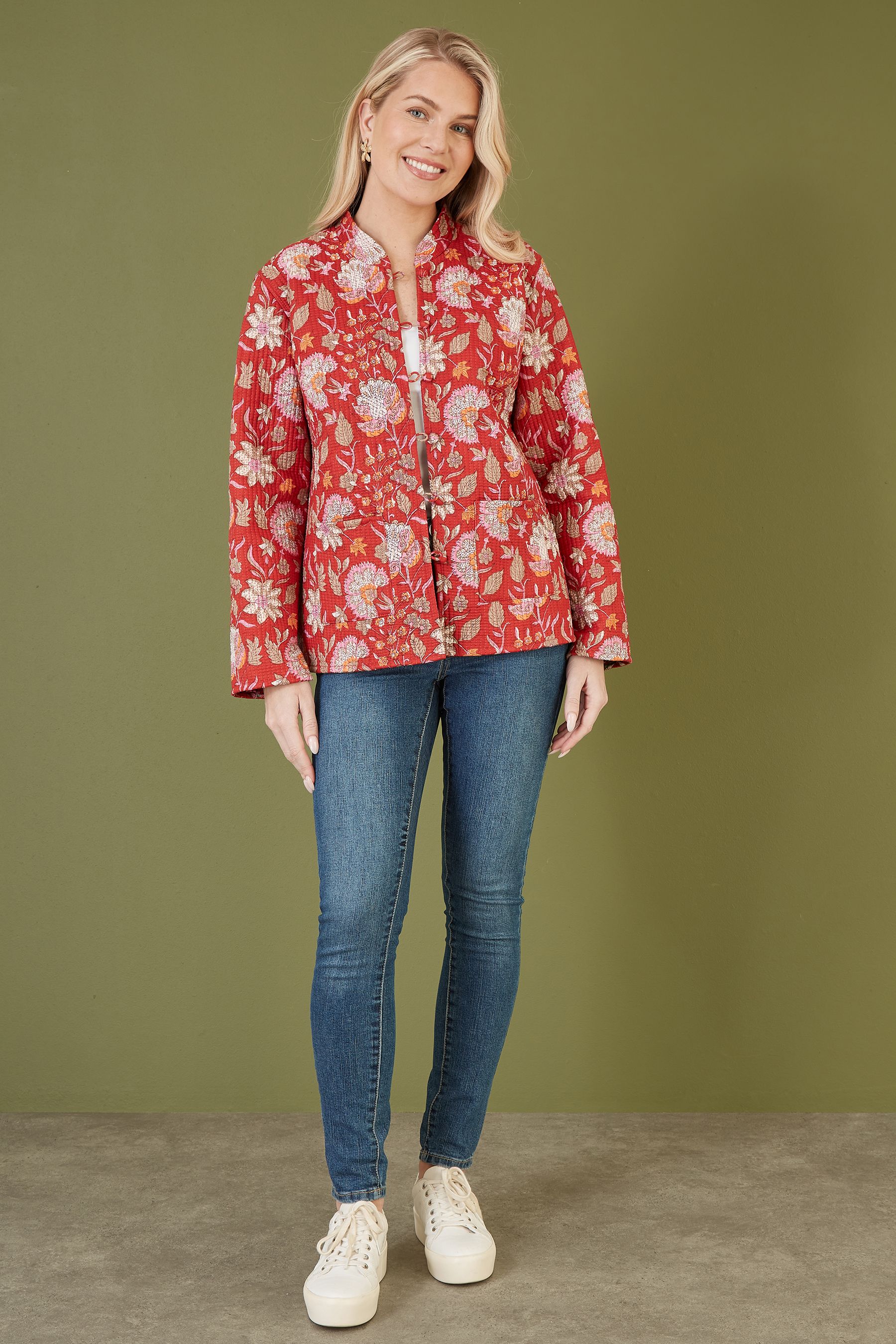 Buy Yumi Red Floral Print Reversible Cotton Quilted Jacket from the ...
