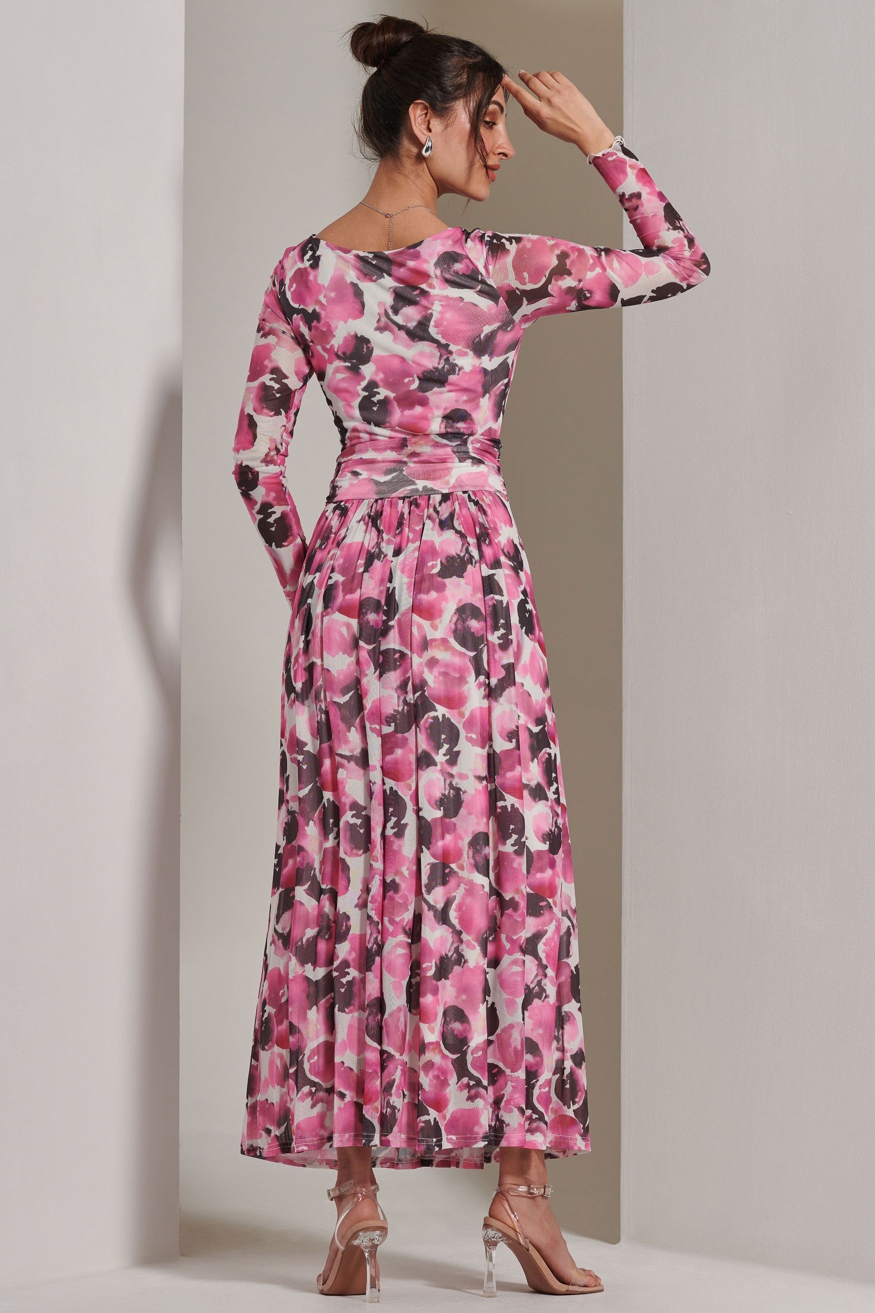 Buy Jolie Moi Pink Long Sleeve Printed Mesh Maxi Dress from Next Ireland