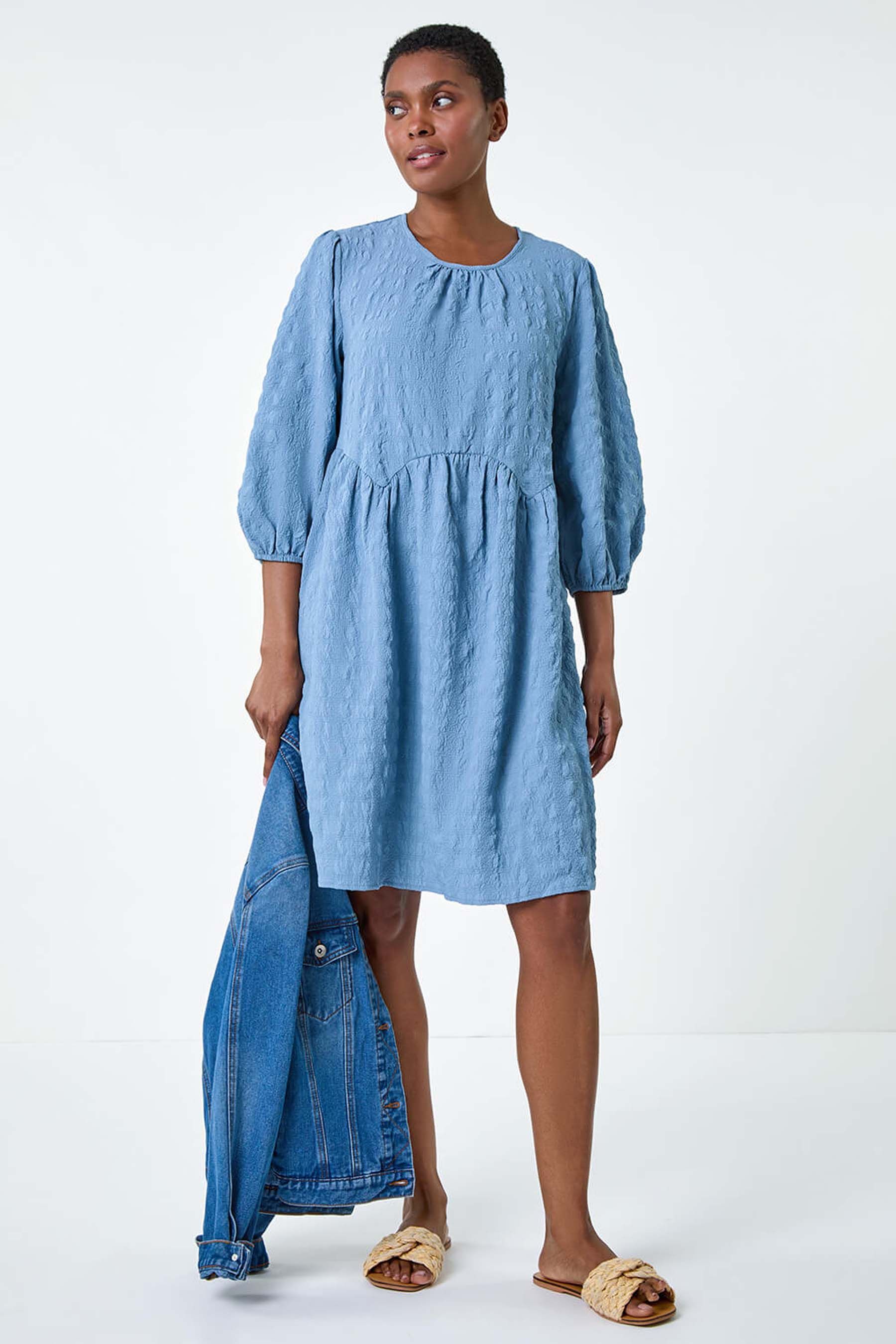 Buy Roman Blue Plain Textured A-Line Dress from the Next UK online shop