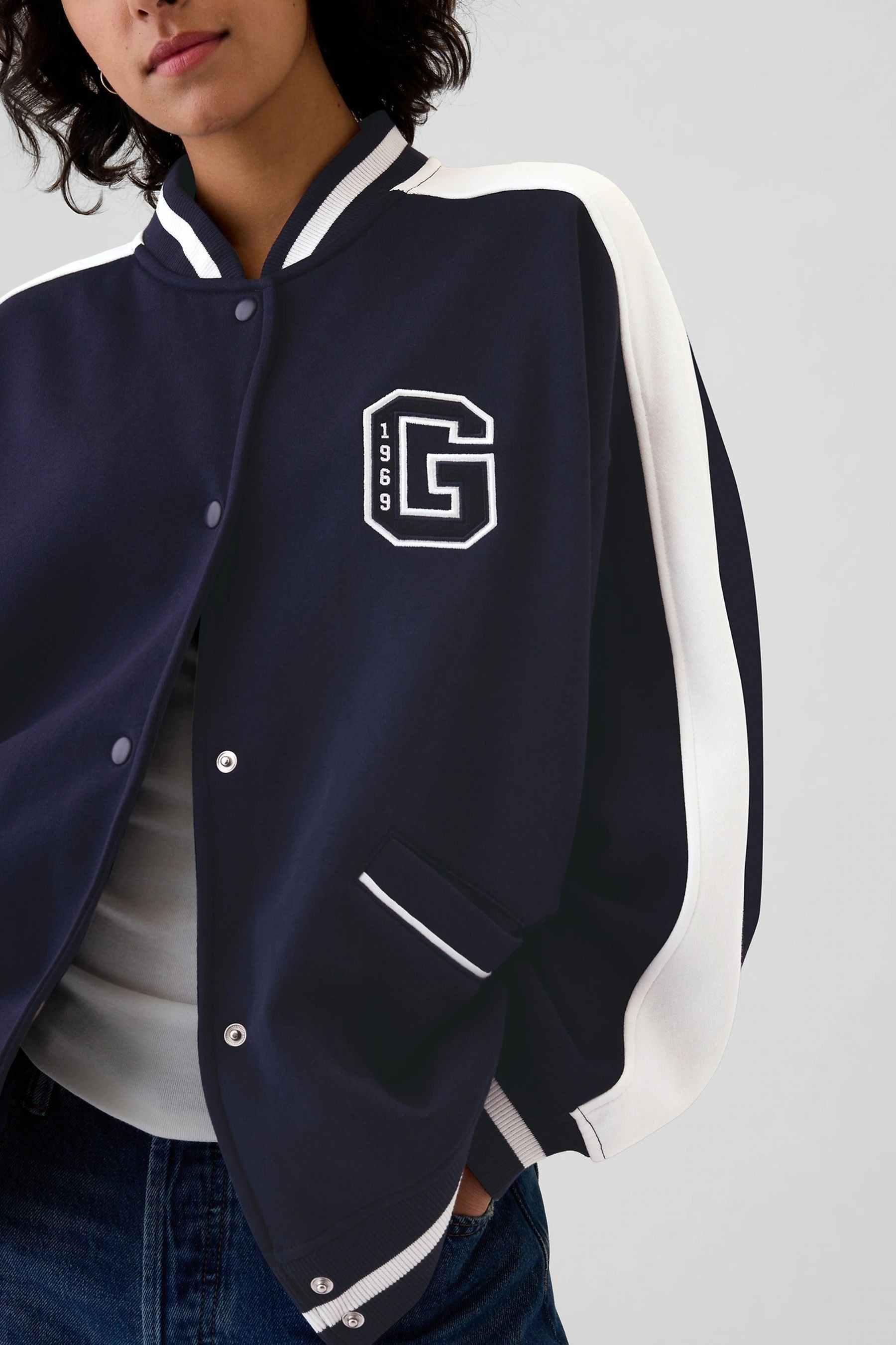 Buy Gap Blue Vintage Soft Touch Logo Varsity Bomber Jacket from the ...