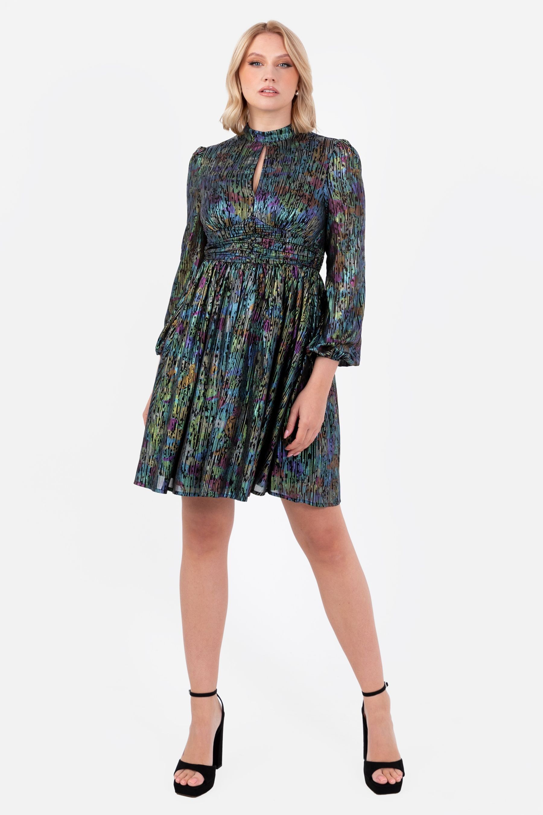 Buy Lovedrobe Mini Metallic Plisse Keyhole Detail Black Dress from the ...