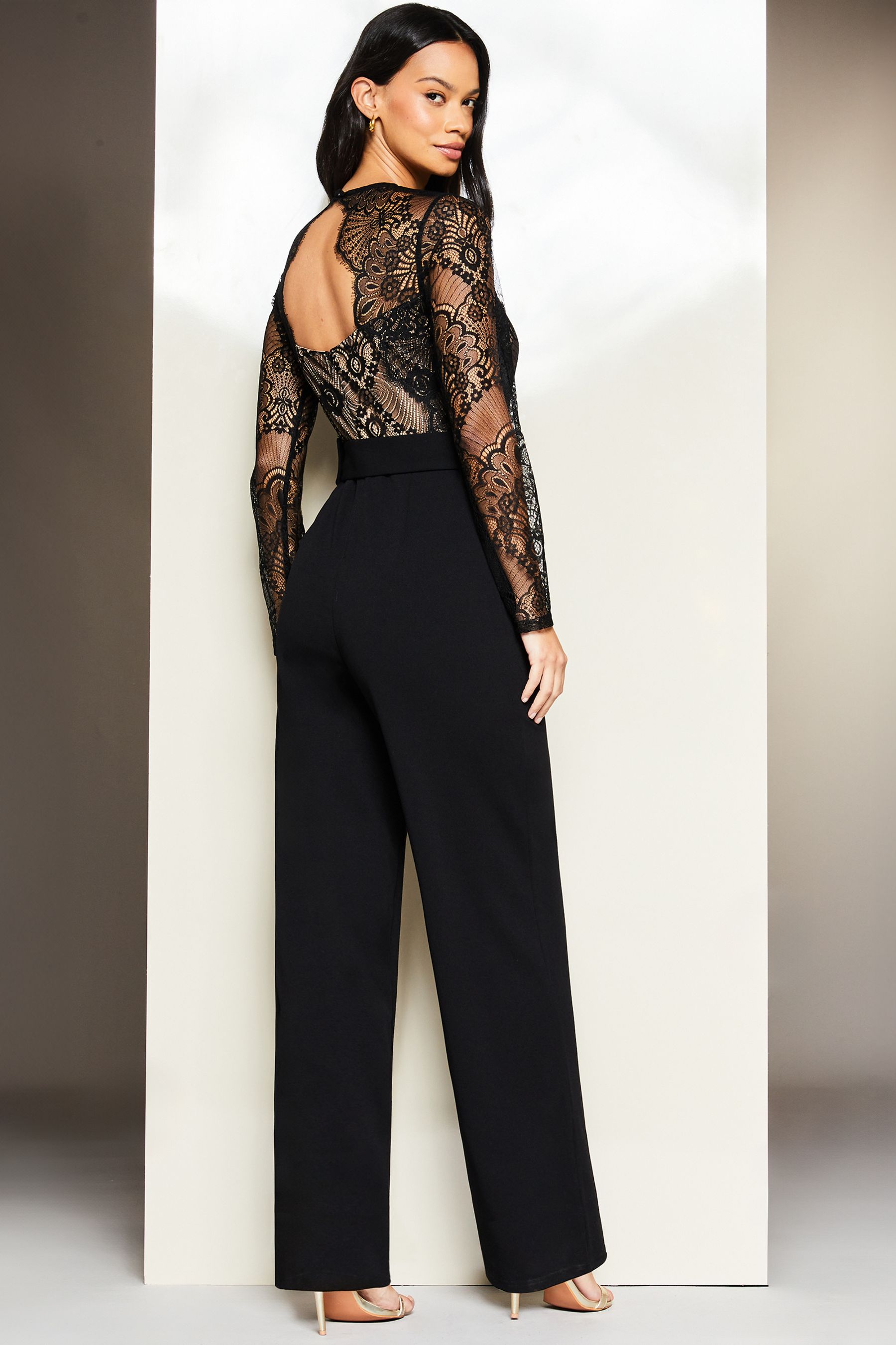 Buy Lipsy Black Wide Leg Long Sleeve Lace Sweetheart Belted Jumpsuit ...