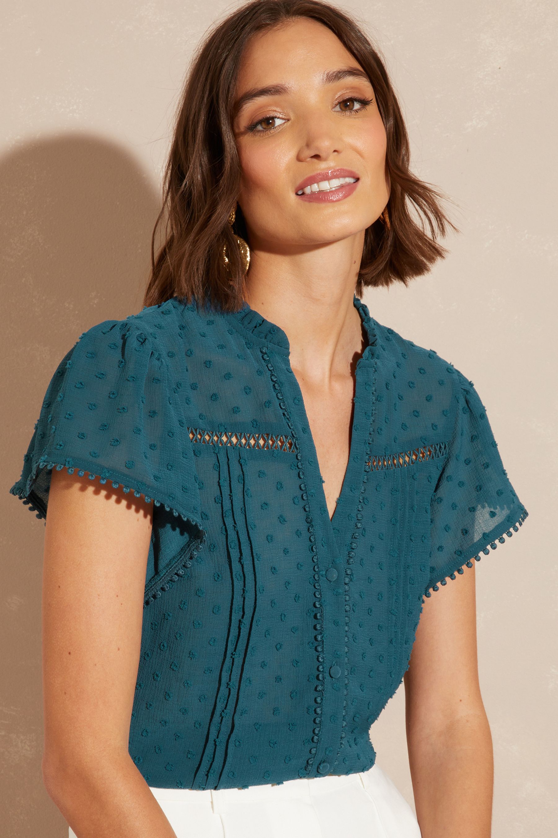 Buy Love And Roses Teal Dobby Spot Ruffle V Neck Flutter Sleeve Blouse