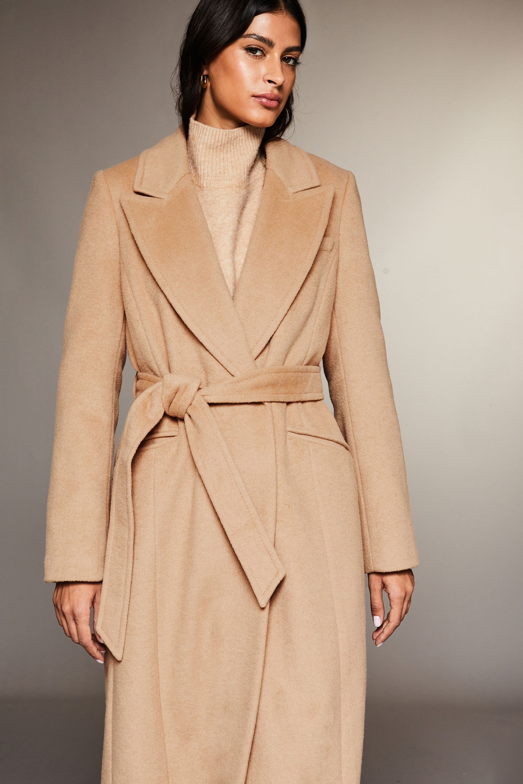 Buy Lipsy Camel Premium Wool Blend Self Tie Wrap Trench Coat from the ...