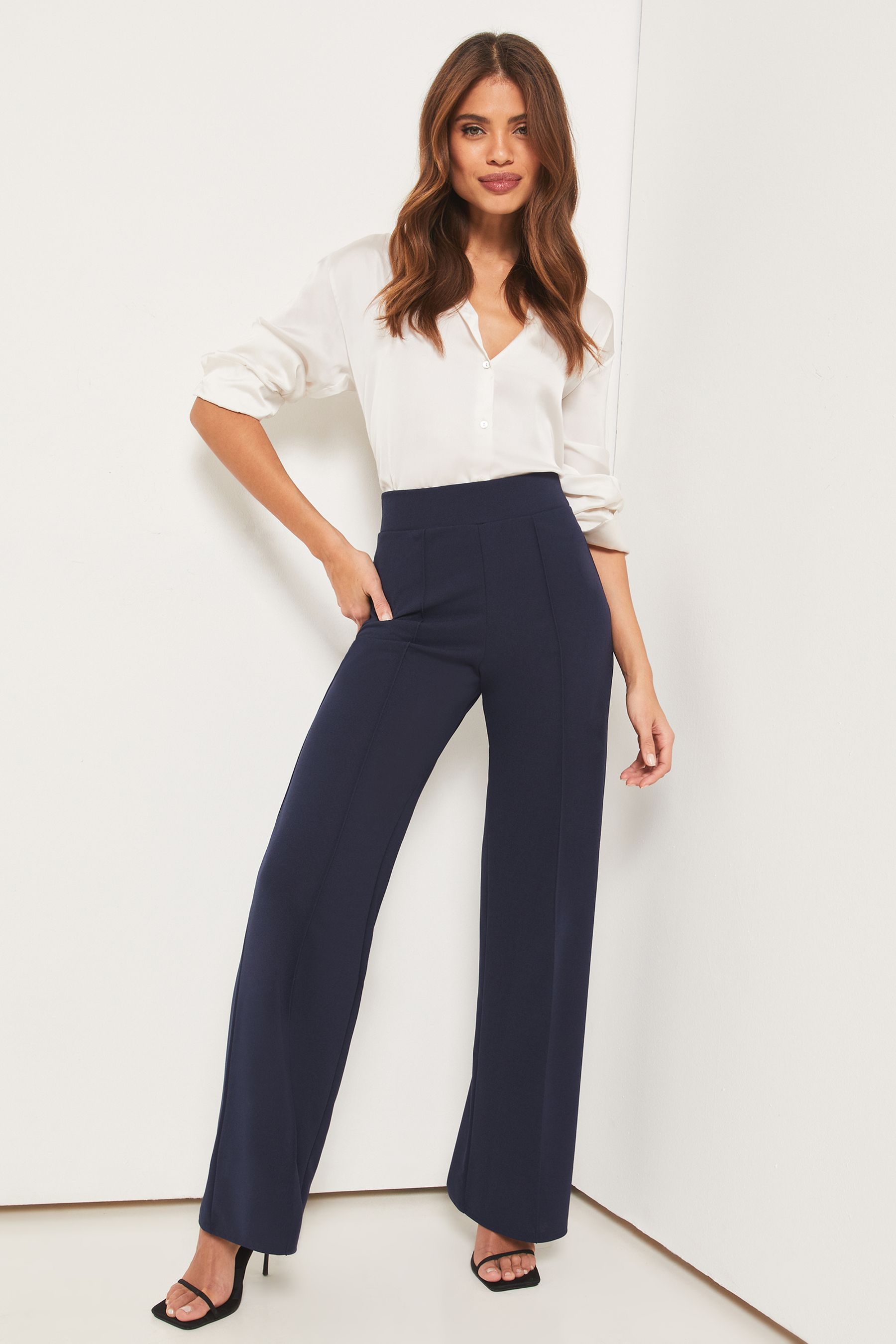 Buy Lipsy Navy Blue Twill High Waist Wide Leg Tailored Trousers from ...