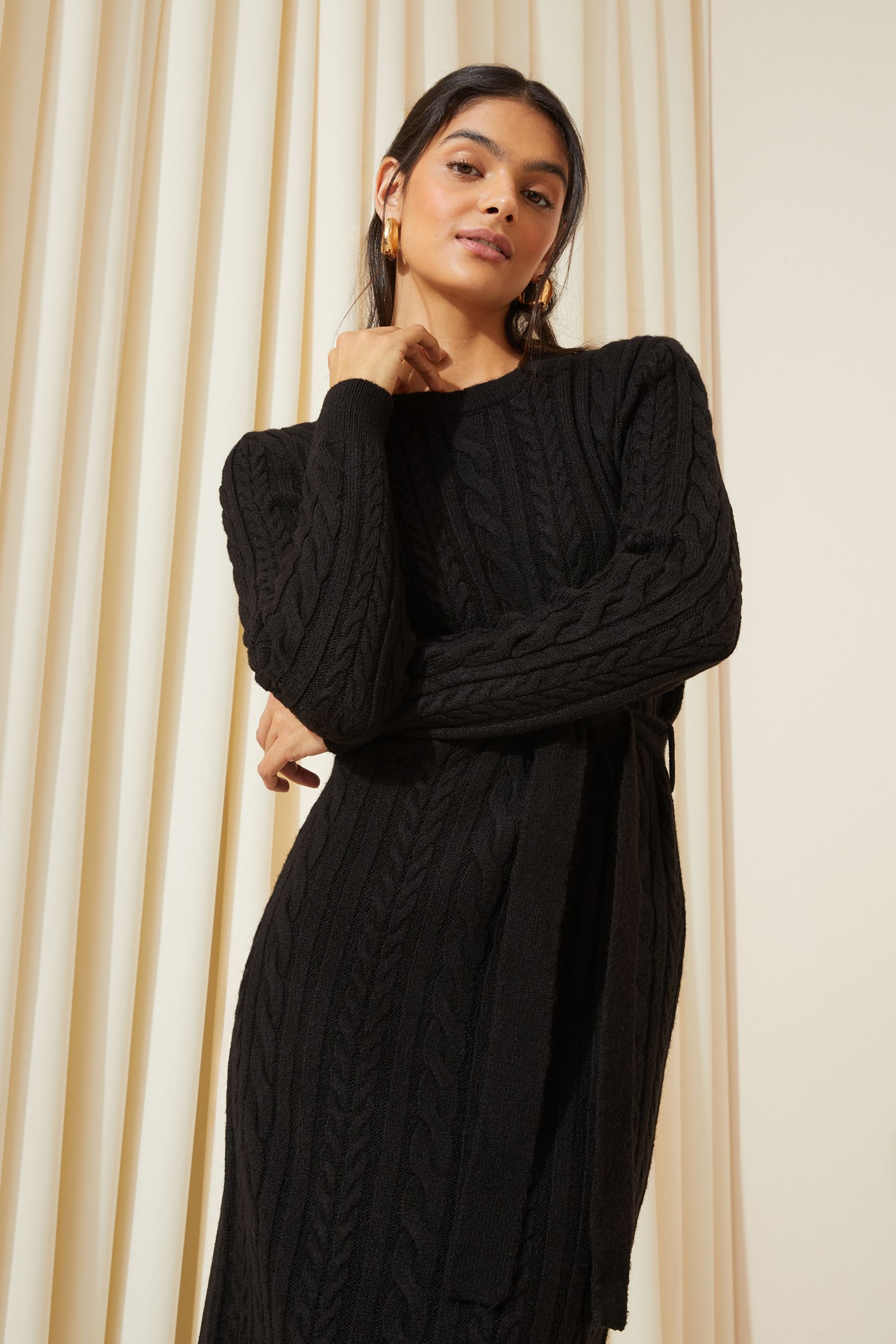 Buy Friends Like These Black Cable Knit Belted Midi Jumper Dress from ...