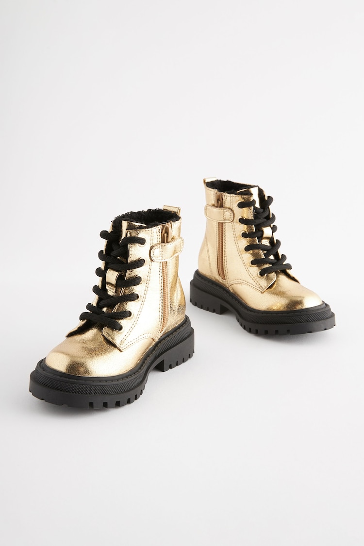 Buy Gold Metallic Standard Fit (F) Chunky Lace-Up Ankle Boots from the ...