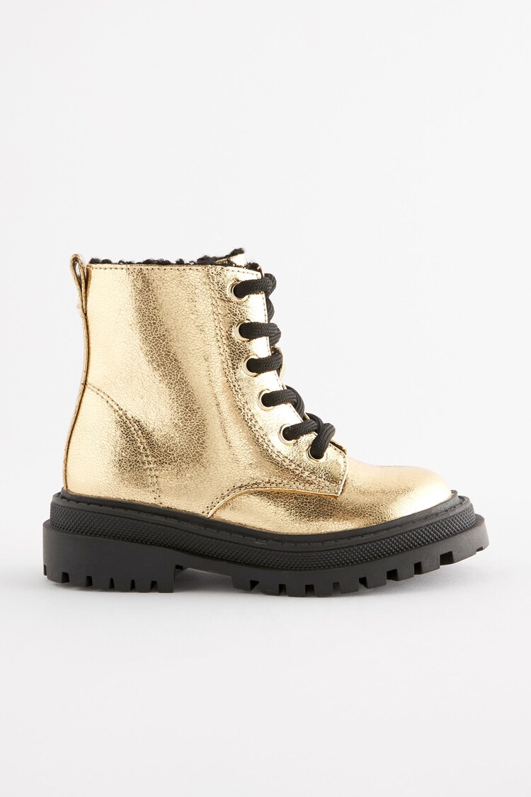 Buy Gold Metallic Standard Fit (F) Chunky Lace-Up Ankle Boots from the ...