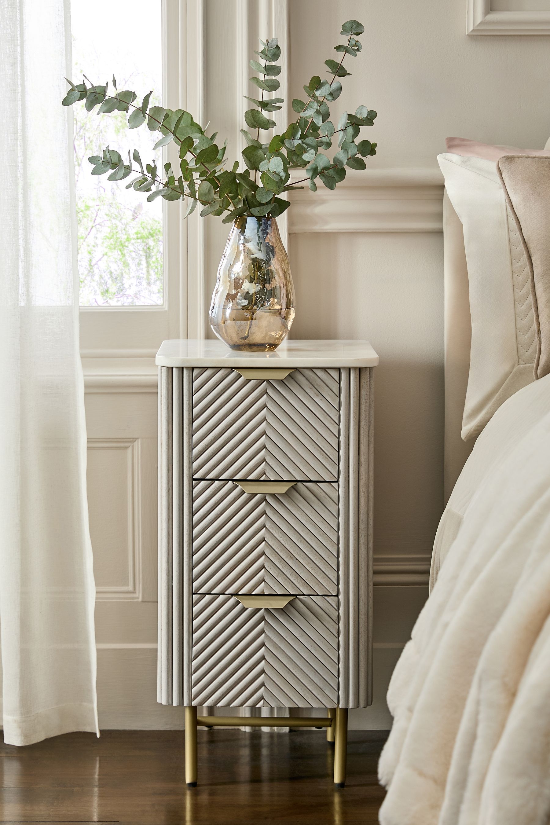 Buy Light Grey Valencia Marble and Mango Wood 3 Drawer Slim Bedside ...