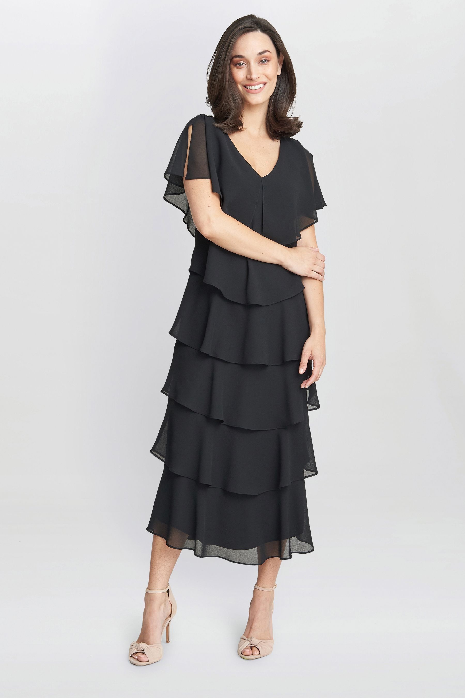Buy Gina Bacconi Rebecca Midi Tiered Dress With Shoulder Trim from the ...