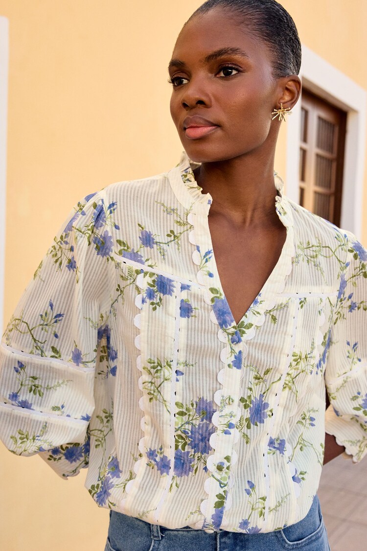 Buy Love & Roses Ivory White Floral V Neck Ric Rac Trim Blouse from the ...