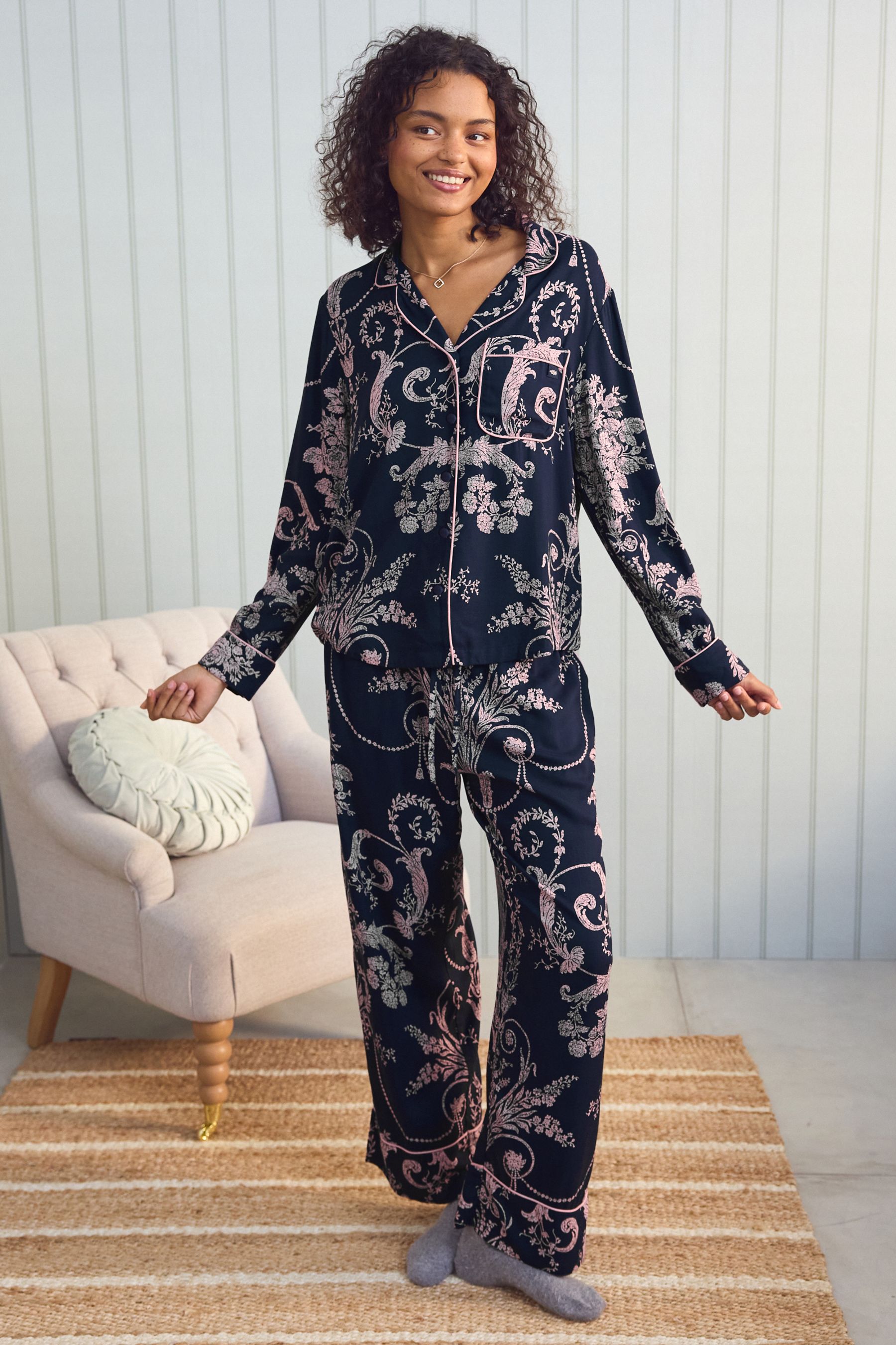 Buy Laura Ashley Navy/Pink Button Through Pyjamas Set from the Next UK ...