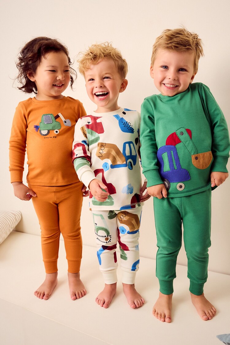 Buy Green/Orange Transport Snuggle 100% Cotton Pyjamas 3 Pack (9mths ...