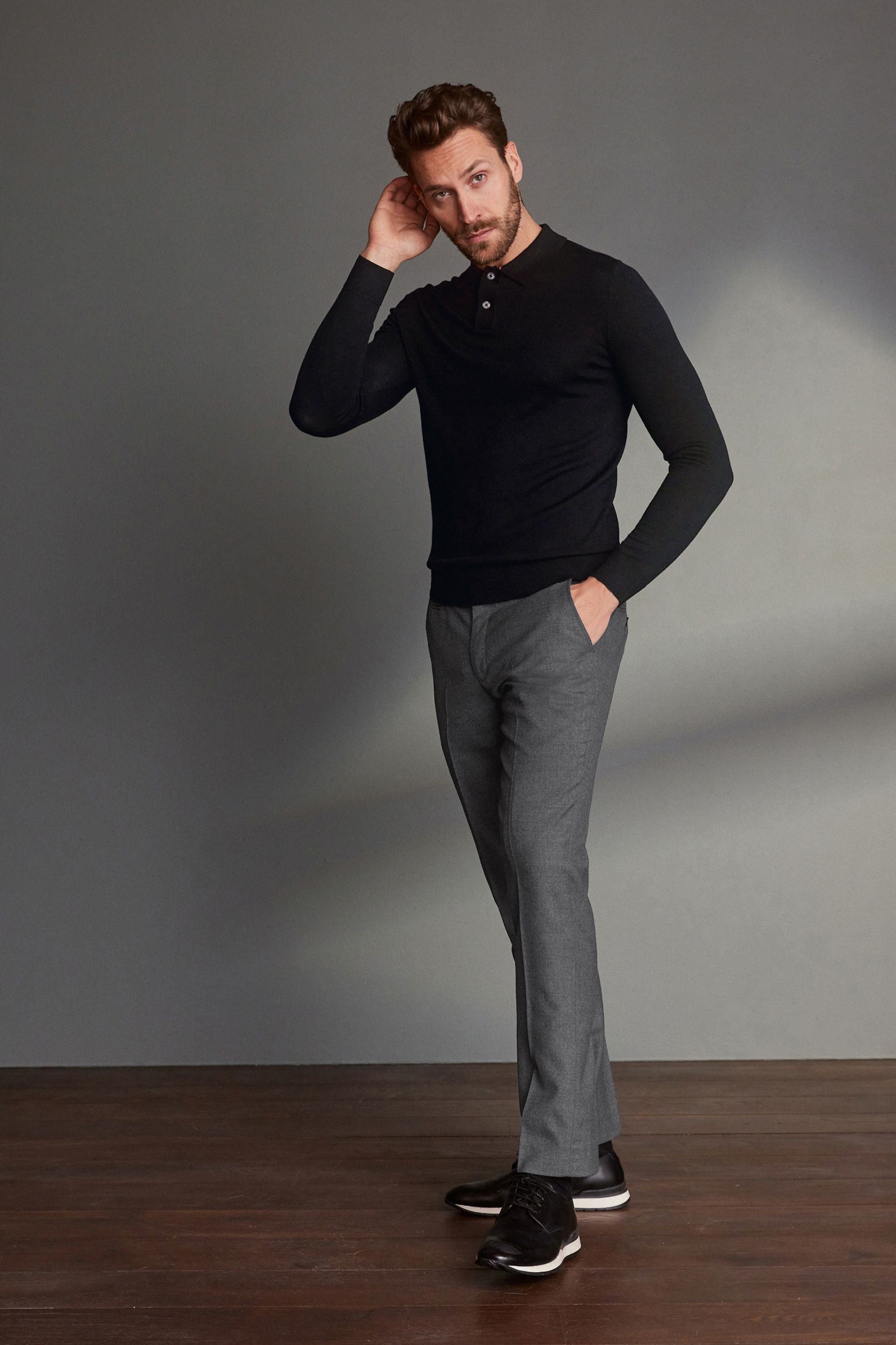 Buy Grey Slim Fit Signature 100% Wool Trousers With Motion Flex ...