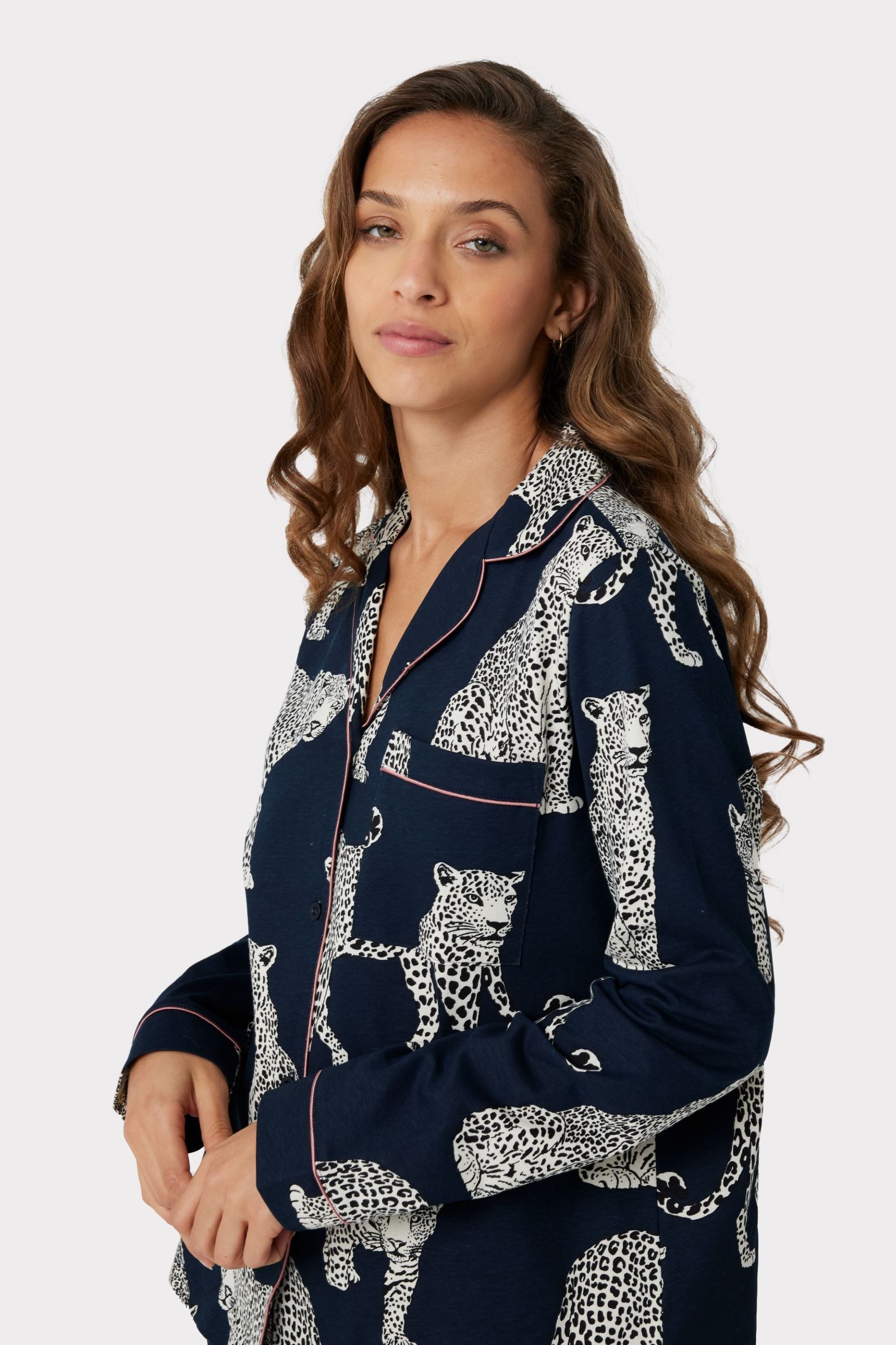 Buy Chelsea Peers Blue Organic Cotton Navy Leopard Print Pyjama Set ...