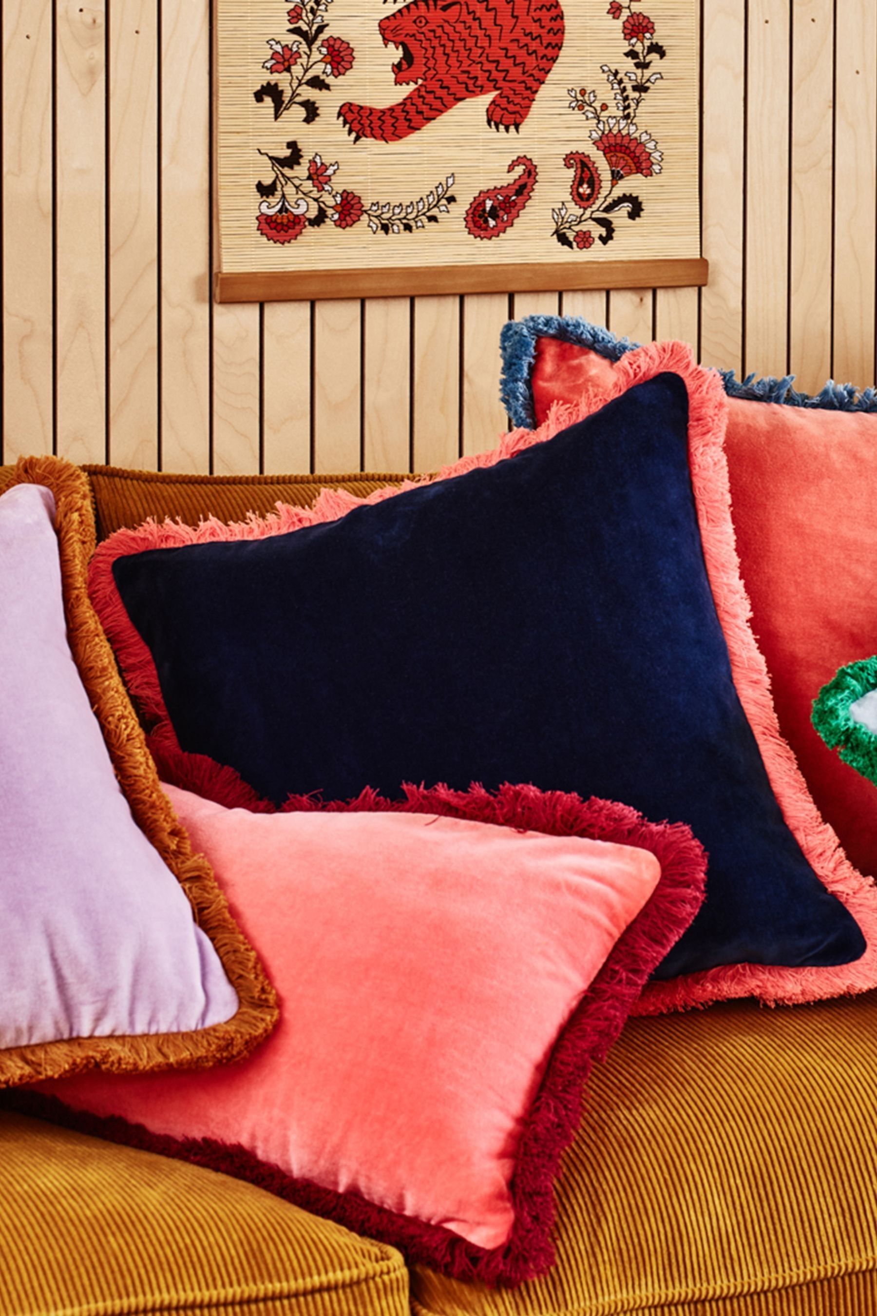 Buy Oliver Bonas Ink Blue 100% Cotton Issey Velvet Fringed Cushion ...