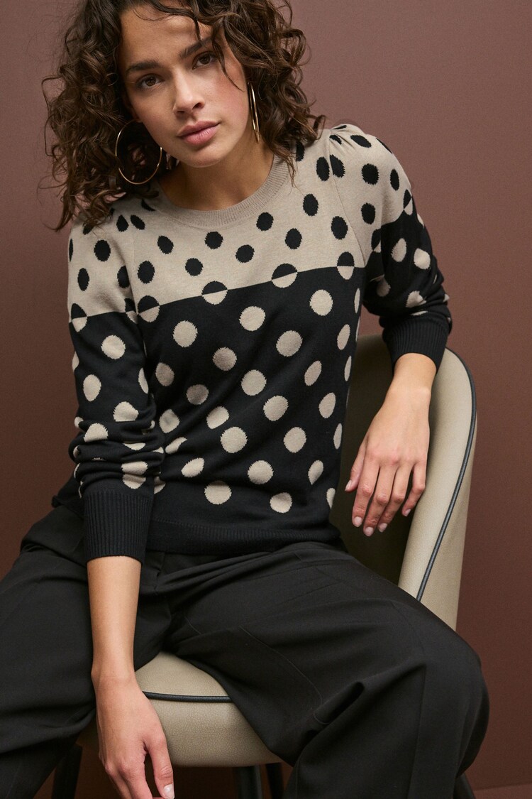 Buy Black and Neutral Spot Crew Neck Long Sleeve Pattern Knitted Jumper ...
