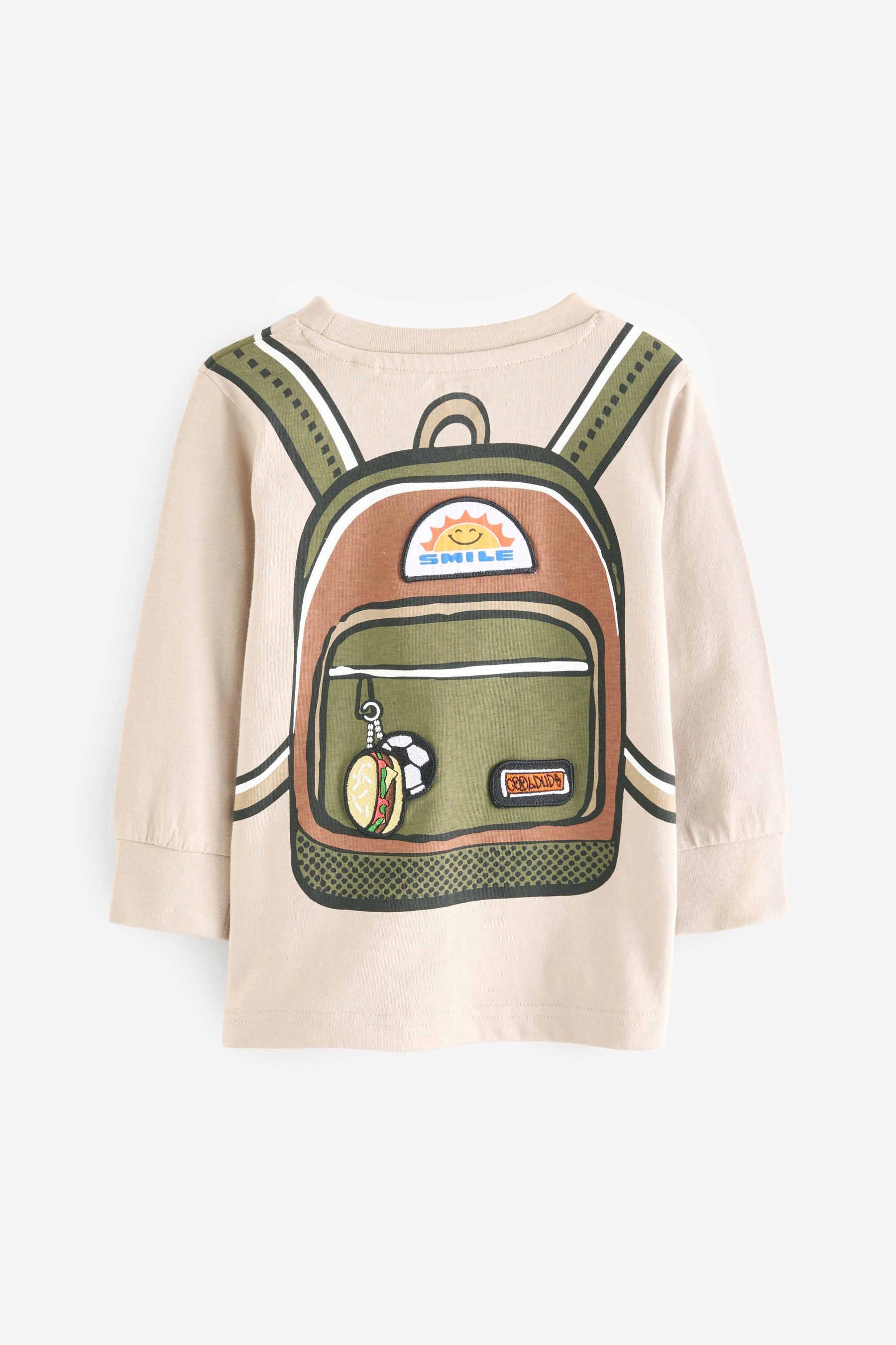 Buy Natural 100% Cotton Long Sleeve Printed Backpack T-Shirt (3mths ...
