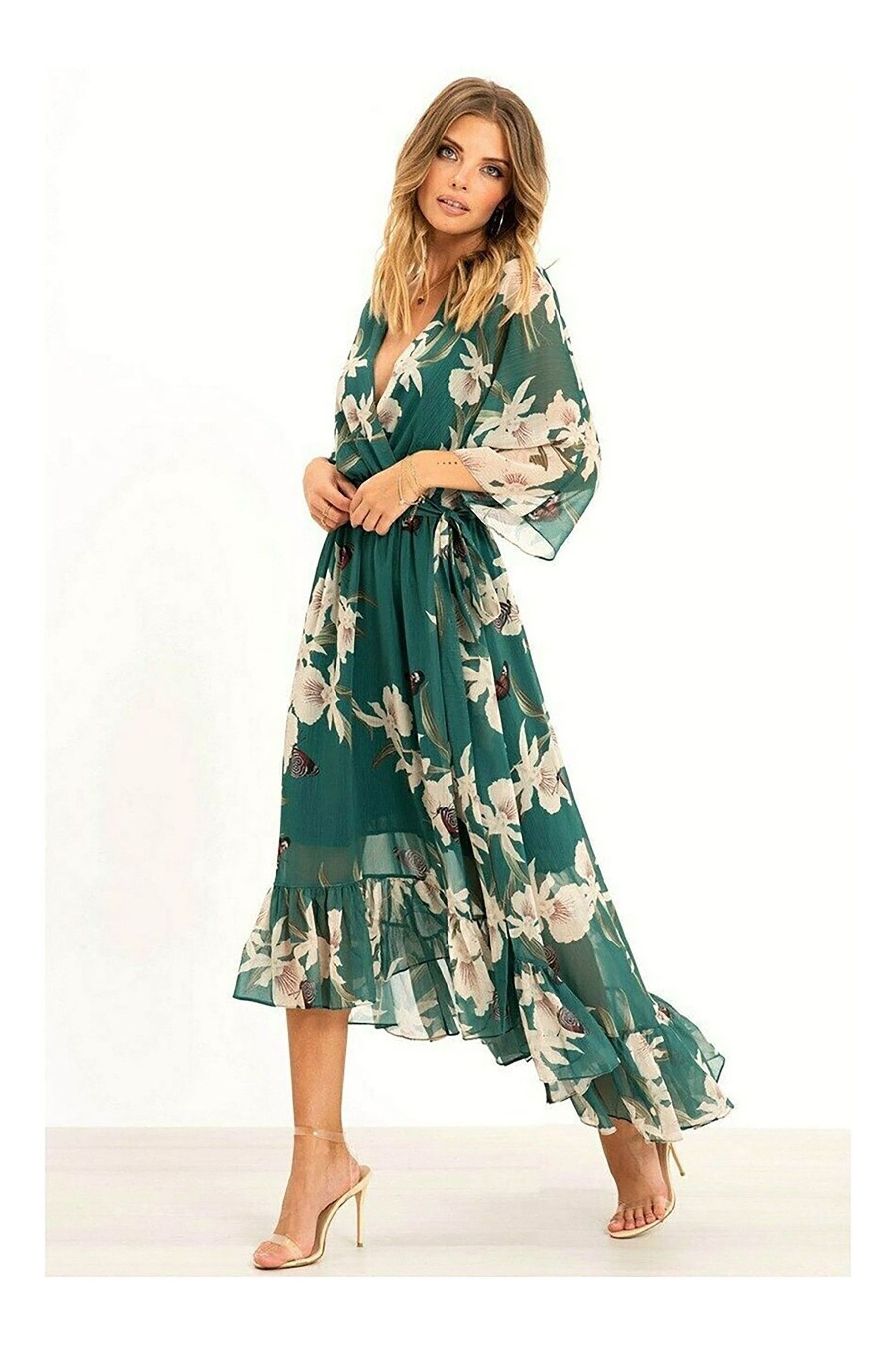 Buy Yumi Forest Green Floral Kimono Sleeves Dip Hem Wrap Midi Dress ...