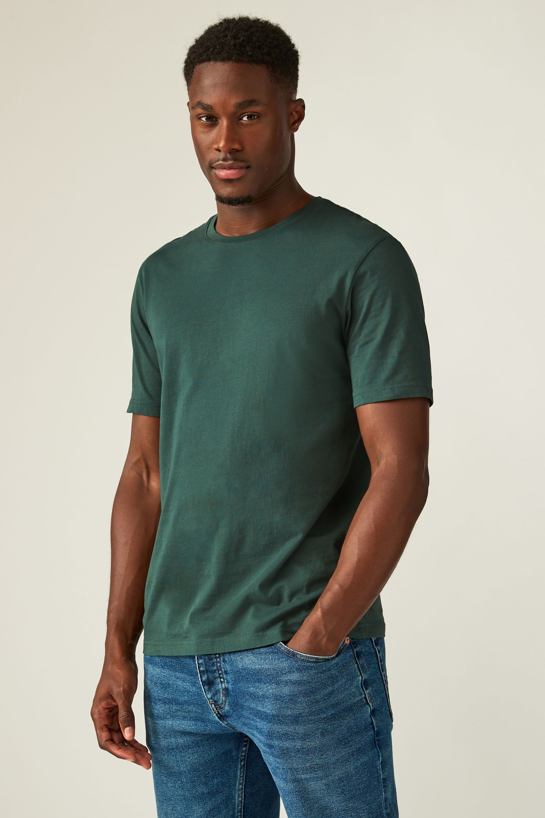 Buy Green Pine Slim Fit 100% Cotton Essential Regular Crew Neck T-Shirt ...