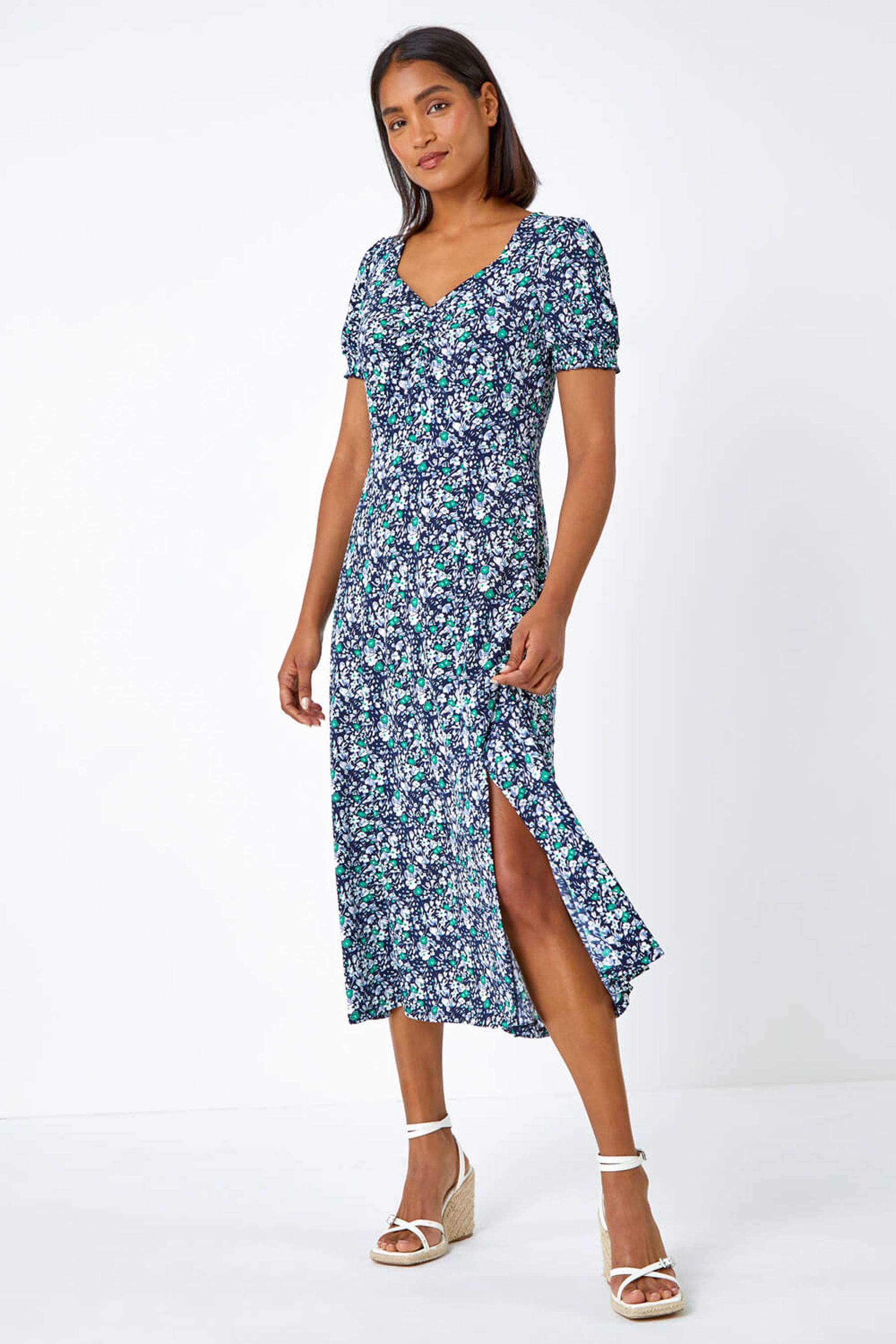 Buy Roman Green Ditsy Floral Ruched Maxi Dress from the Next UK online shop