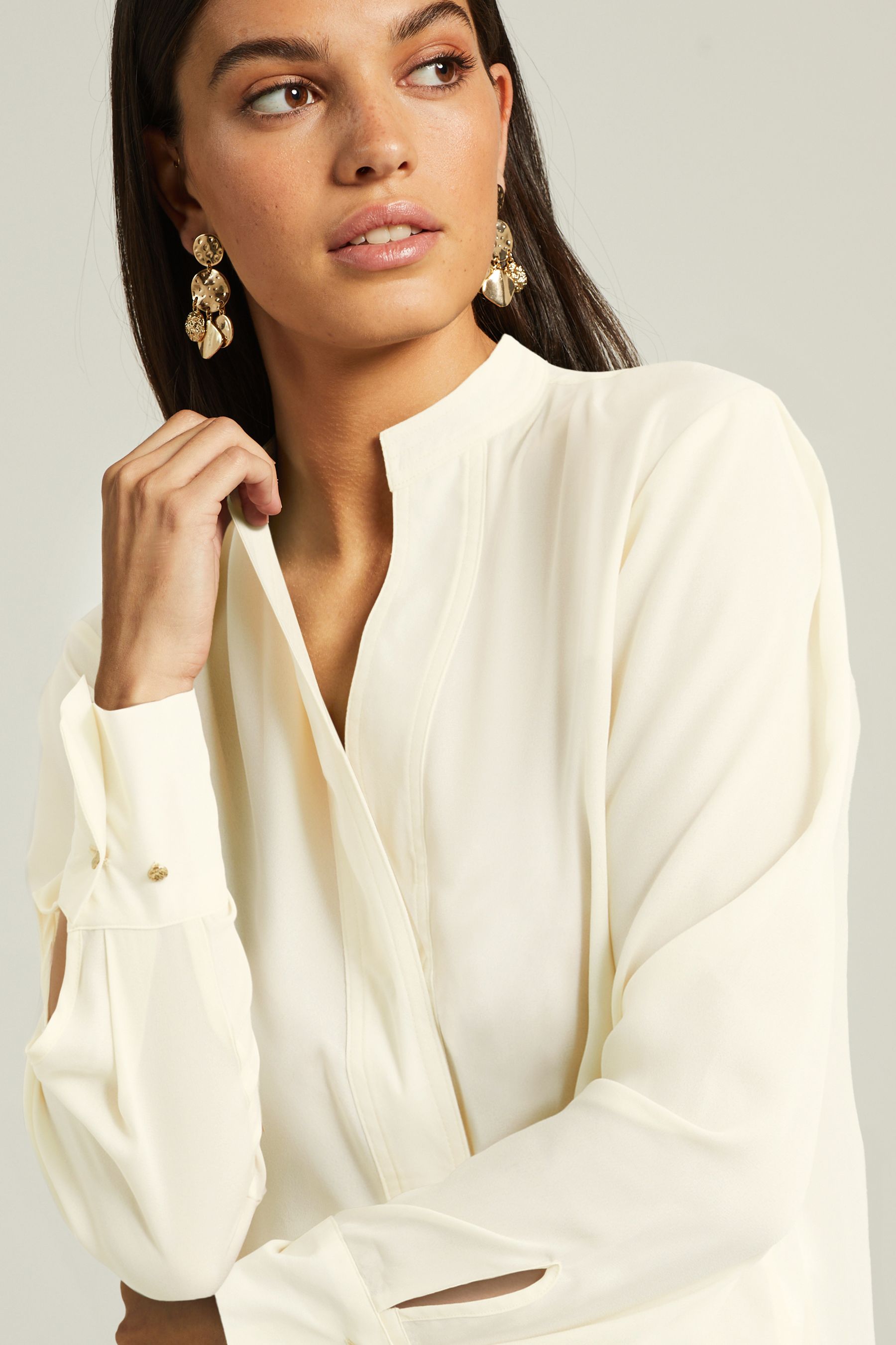 Buy Ecru Cream Long Sleeve Overhead V-Neck Relaxed Fit Blouse from the ...