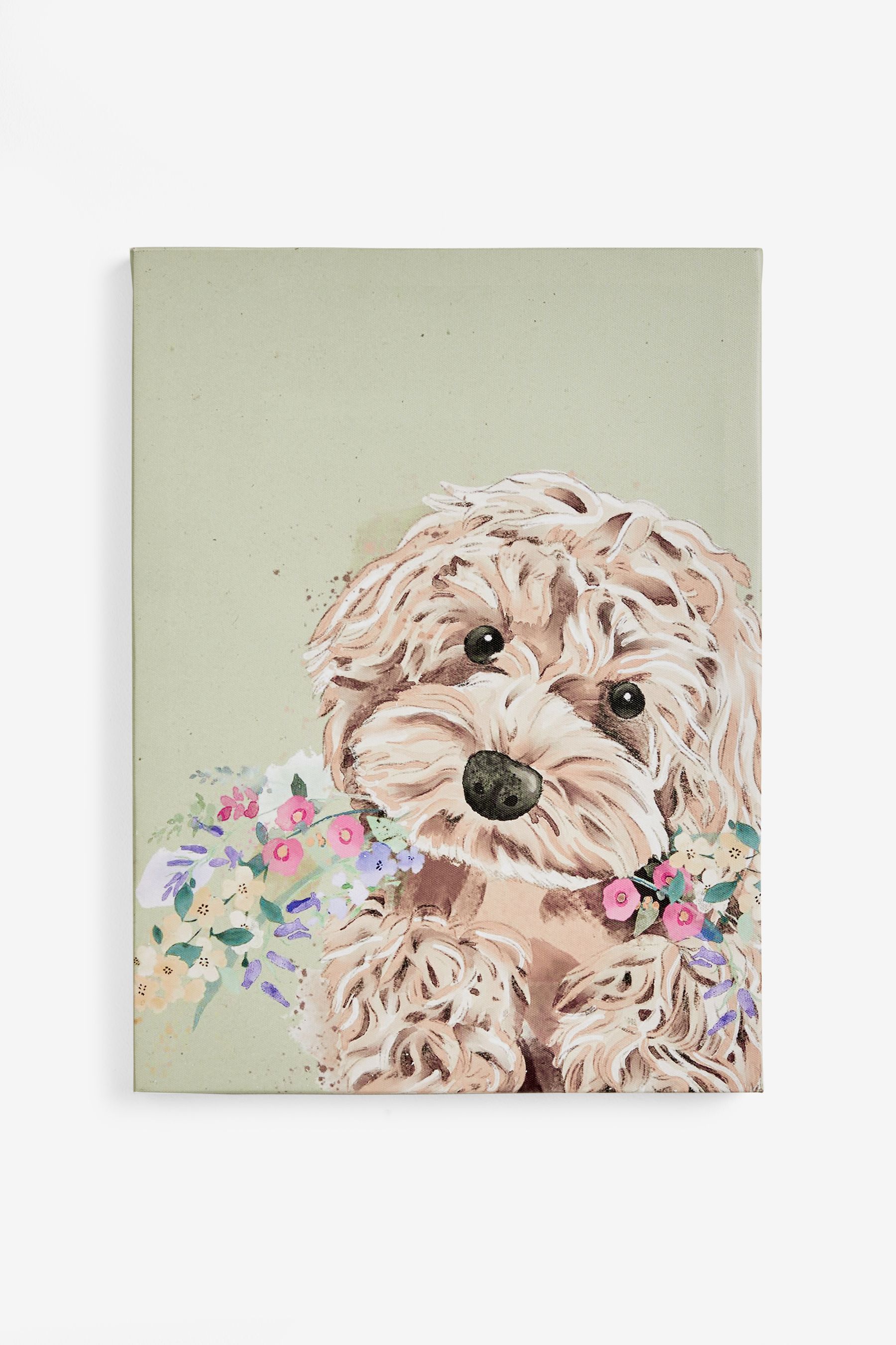 Buy Sage Green Charlie Cockapoo Dog with Flowers Canvas Wall Art from ...