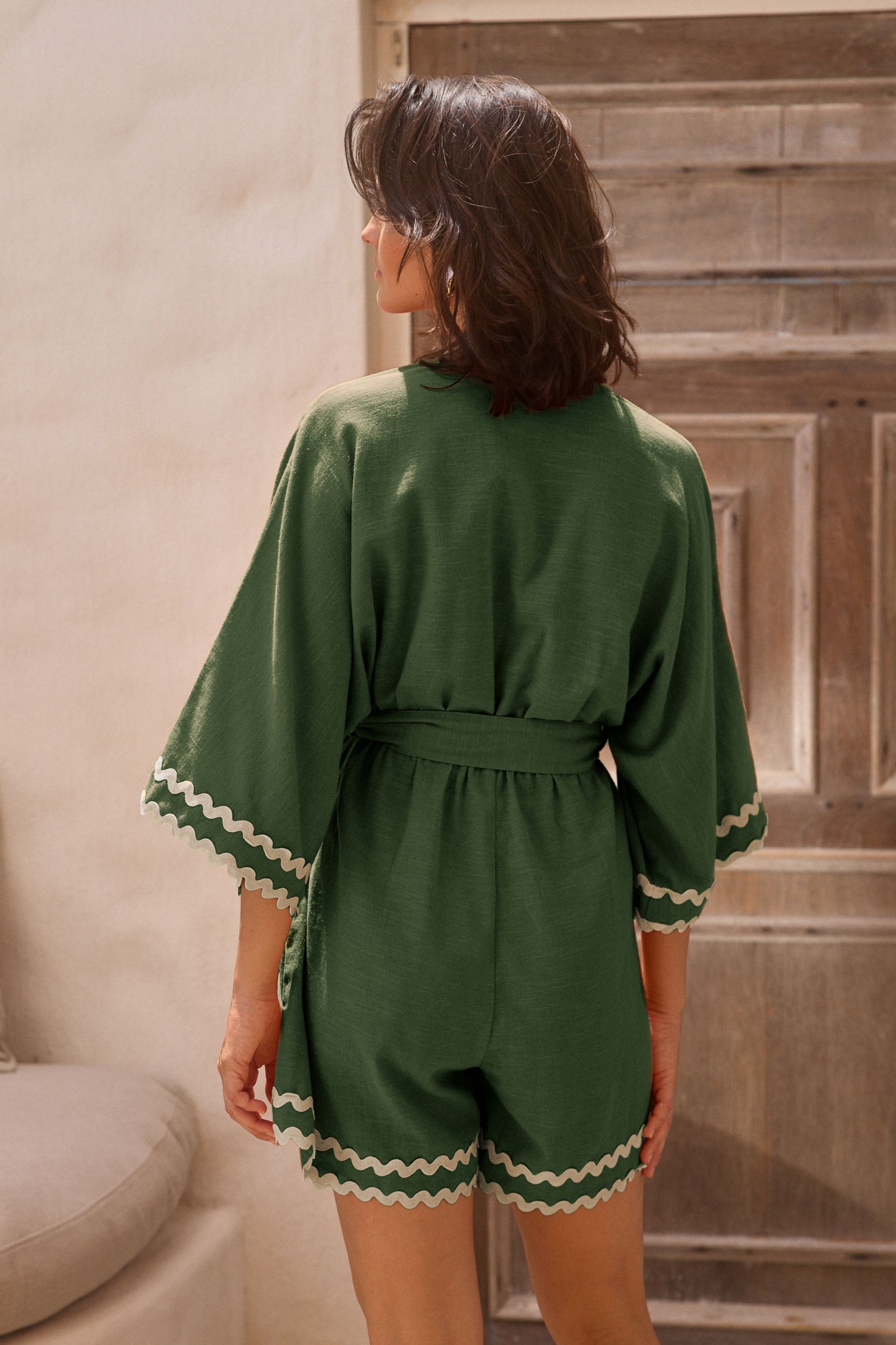 Buy Khaki Green 100% Cotton Wrap Rik Rak Belted Playsuit from the Next ...