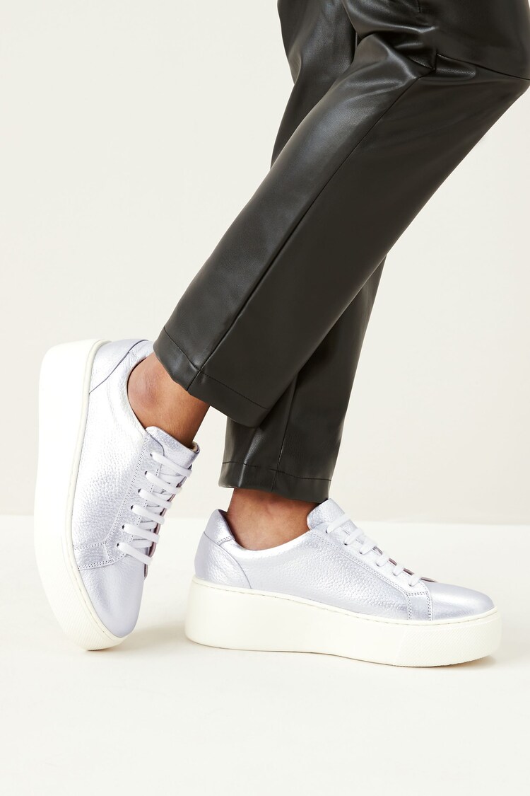 Buy Silver Lace Up Signature Forever Comfort® Leather Chunky Wedge ...