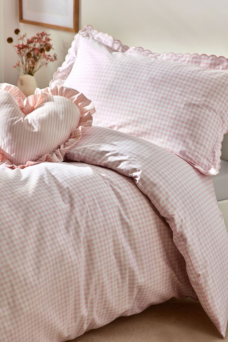 Buy Pink Gingham 100% Cotton Printed Bedding Duvet Cover and Pillowcase ...