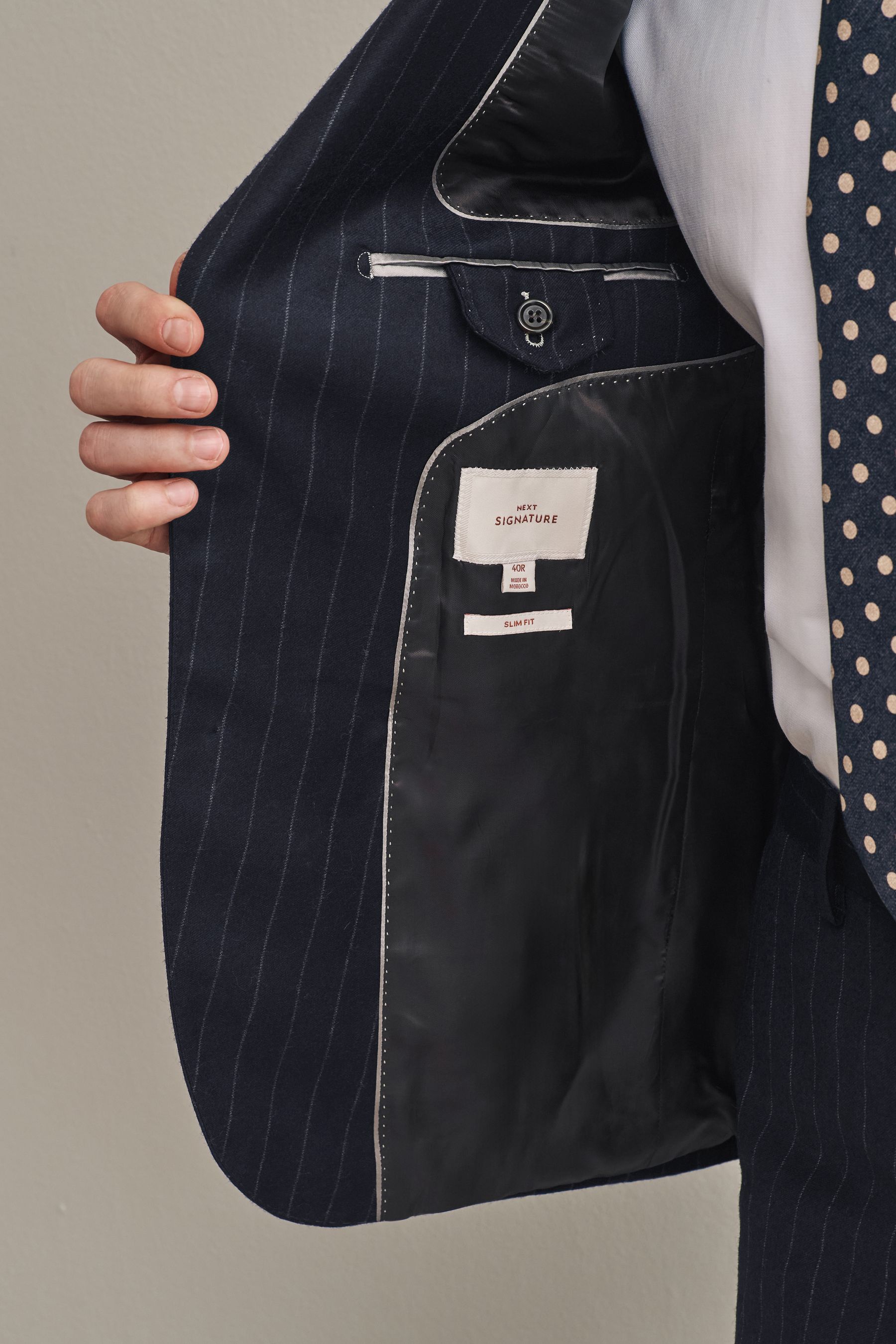 Buy Navy Blue Slim Fit Signature Empire Mills British Wool Stripe Suit ...
