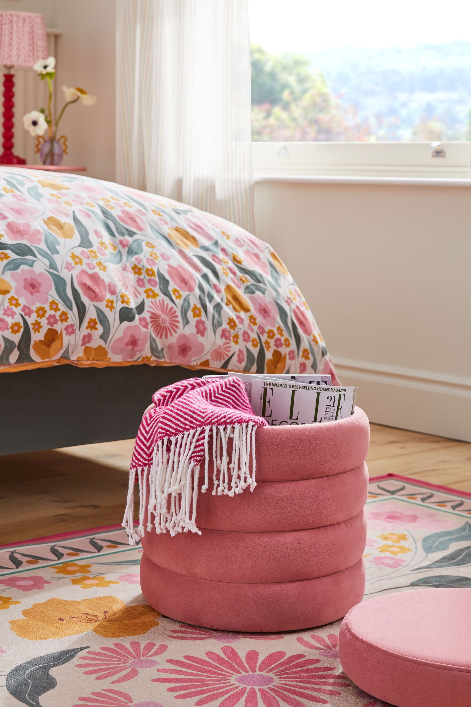 Buy Soft Velvet Raspberry Pink Stella Ribbed Storage Stool from the ...