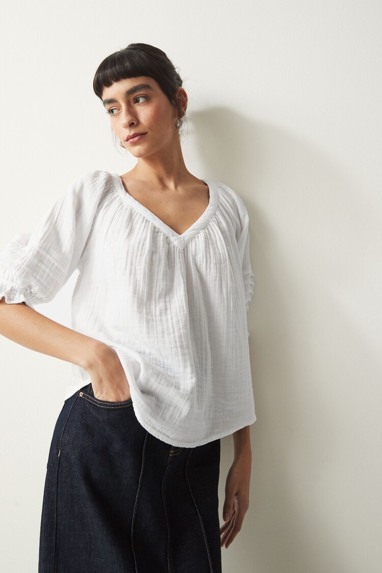 Buy White Washed V-Neck 100% Cotton Blouse from Next Ireland